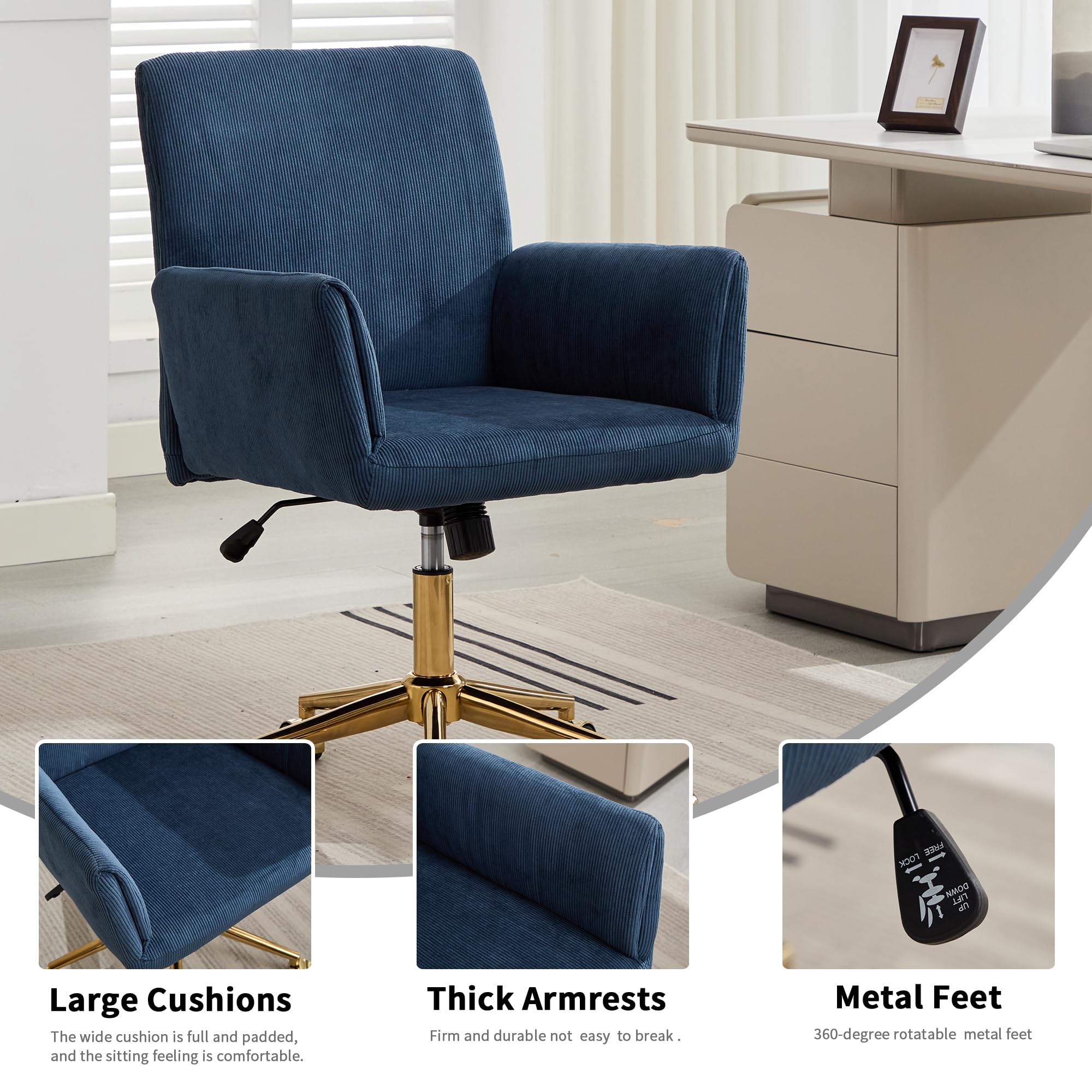 Stripes Velvet Home Office Desk Chair Accent Upholstered Modern Height Adjustable 360° Armchairs with Gold Base for Women Girls Ergonomic Study Seat Computer Task Stools for Living Room(Navy Blue)