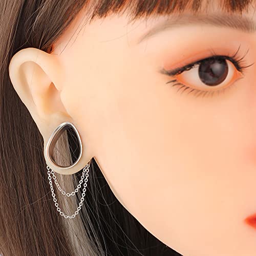 LADEMAYH 2 PCS Teardrop with Chain Ear Plugs Tunnels Gauges for Women - Silver Stainless Steel 316L Body Piercing Basic Earrings for Stretched Earlobe 10mm=00g
