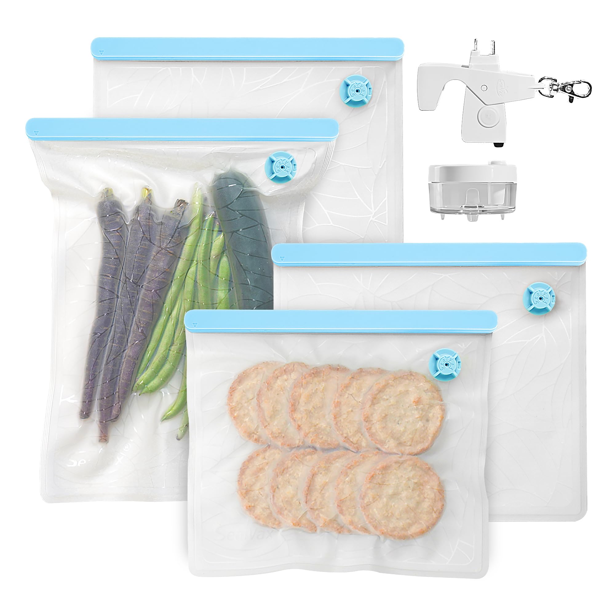 SealVaxĀ® 4 Pack of reusable vacuum seal bags for food. 2 Large and 2 Small sous vide bags, All in Blue - Includes Handheld Vacuum Sealer and BPA-Free, Food Storage Bag for Meal Prep.