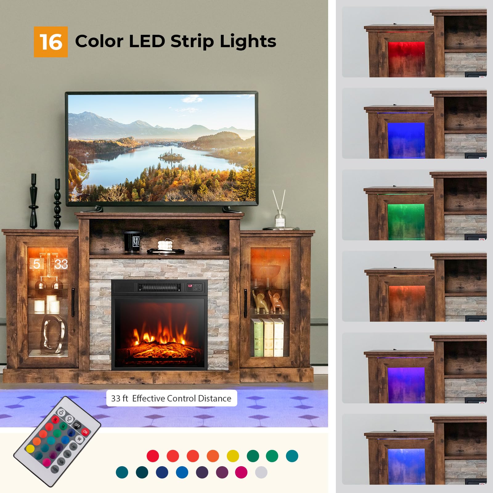 GOFLAME Fireplace TV Stand with LED Lights for TV up to 65β, Entertainment Center with 18β Electric Fireplace, Remote & APP Control, TV Console with Adjustable Glass Shelves (Brown)