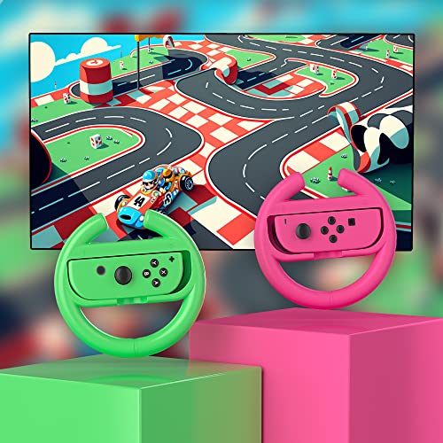 Talkworks Steering Wheel Controller for Nintendo Switch (2 Pack) - Racing Games Accessories Joy Con Controller Grip for Mario Kart, Pink/Neon Combo - Nintendo Switch