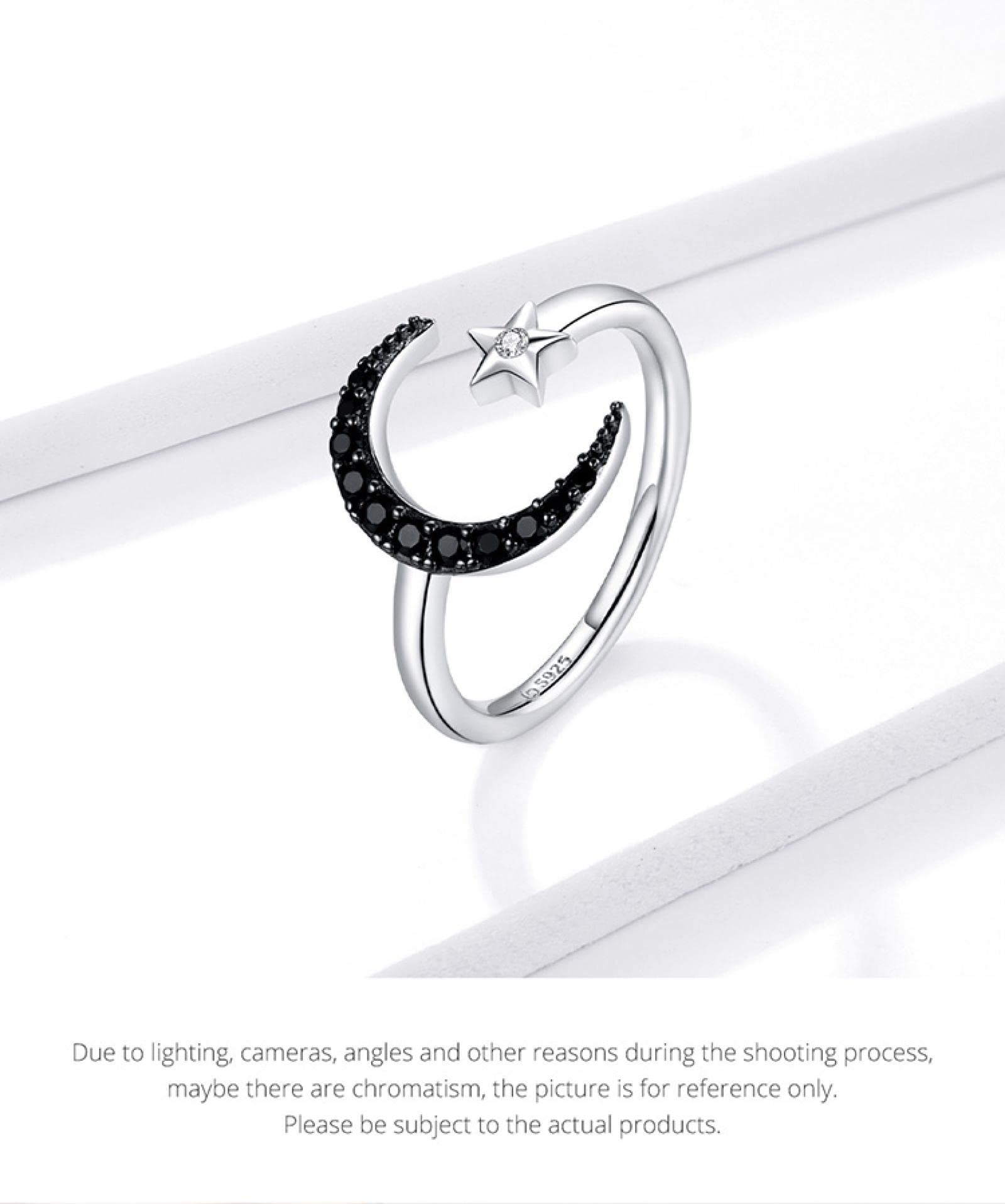 Ladies Sterling Silver Open Ring, Black Moon Zircon, Moon Star Ring, Simple And Romantic, Adjustable Size