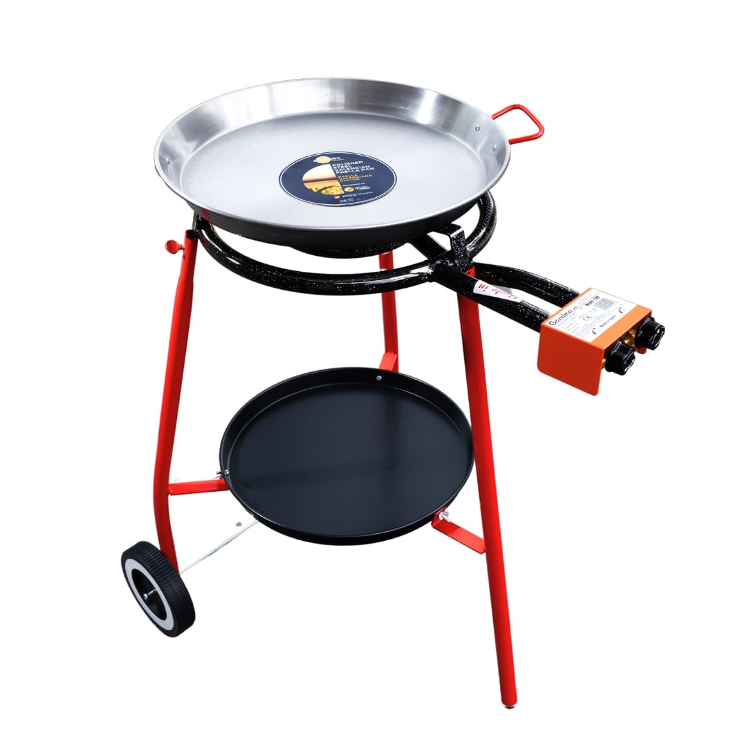 ZENDEU IBIZA SET - Paella Pan Set 25 Servings -3 Ring Propane Gas burner mod. 600 + Polished Paella Pan 28 Inch (70cm). + 3 Reinforced tripod legs
