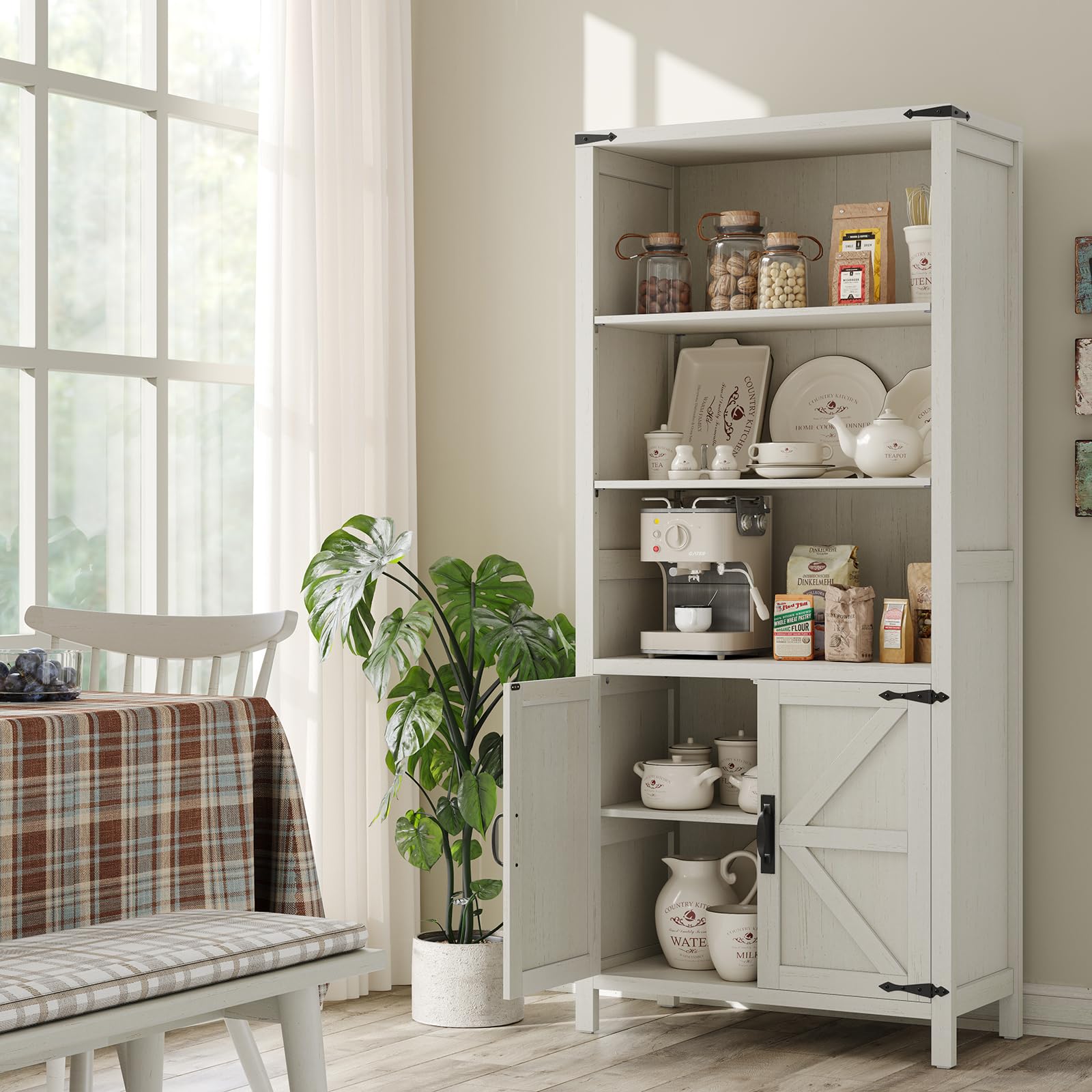 furomate Farmhouse Bookcase and Bookshelf with Doors, 5-Shelf Bookcase Adjustable Bookshelf, Wood Bookcase Tall Storage Cabinet for Bedroom, Living Room, Kitchen, White