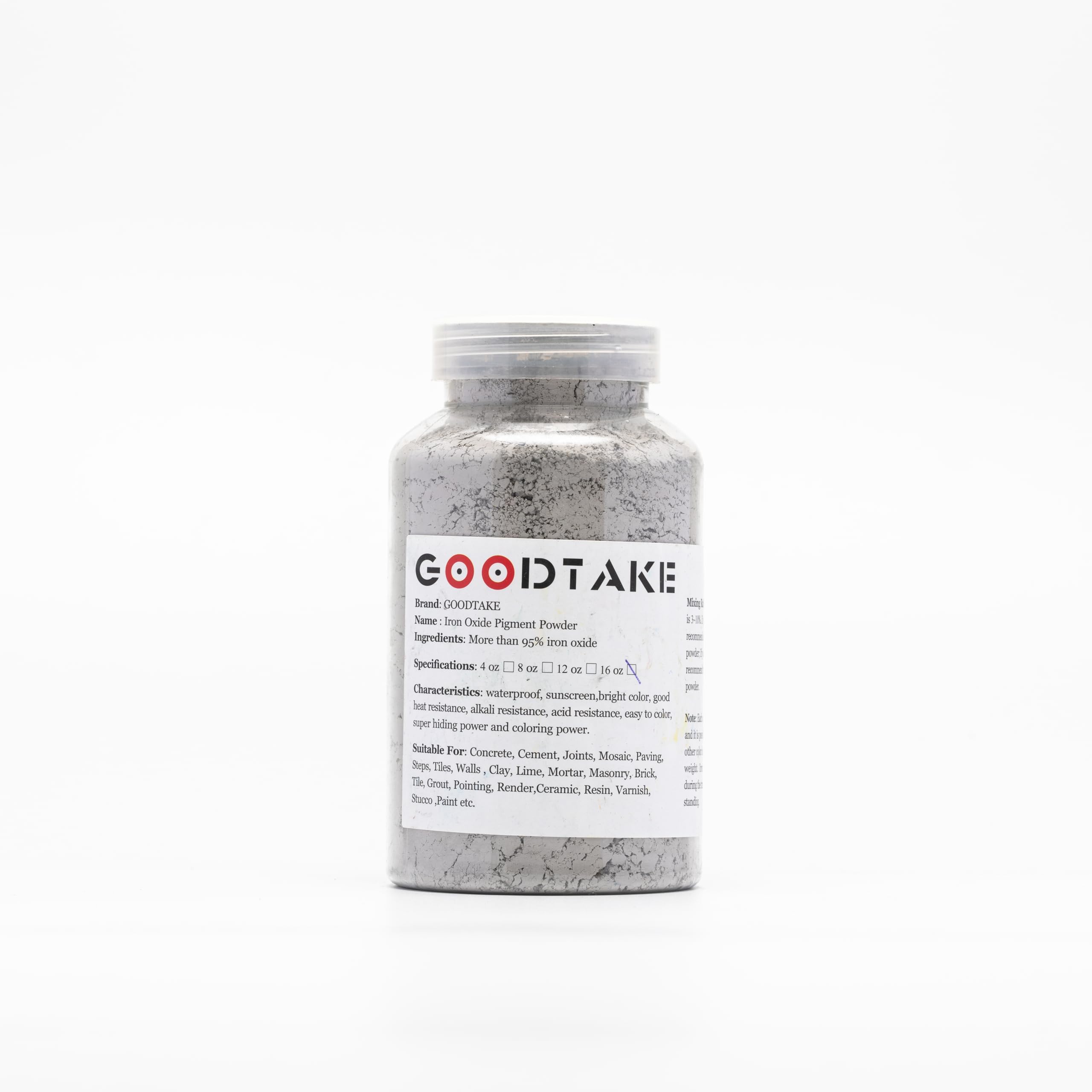 GOODTAKE Grey Iron Oxide, Concrete Pigments for Artistic and Decorative Painting, Cement Dye for Concrete, Clay, Lime, Tile, Mortar, Grout, Plaster, Masonry, Paint (Grey, 4 oz)