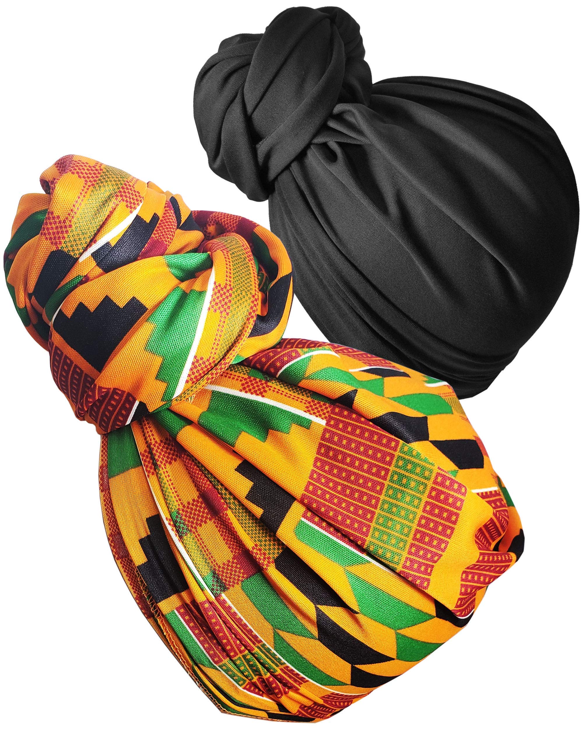 HIHIBEAUTY Stretch Head Wrap Scarf Head Wrap for women Turban Wrap Stretch Jersey Long Turban Head Wrap Tie 1 or 2 (19sd black 2601-2)