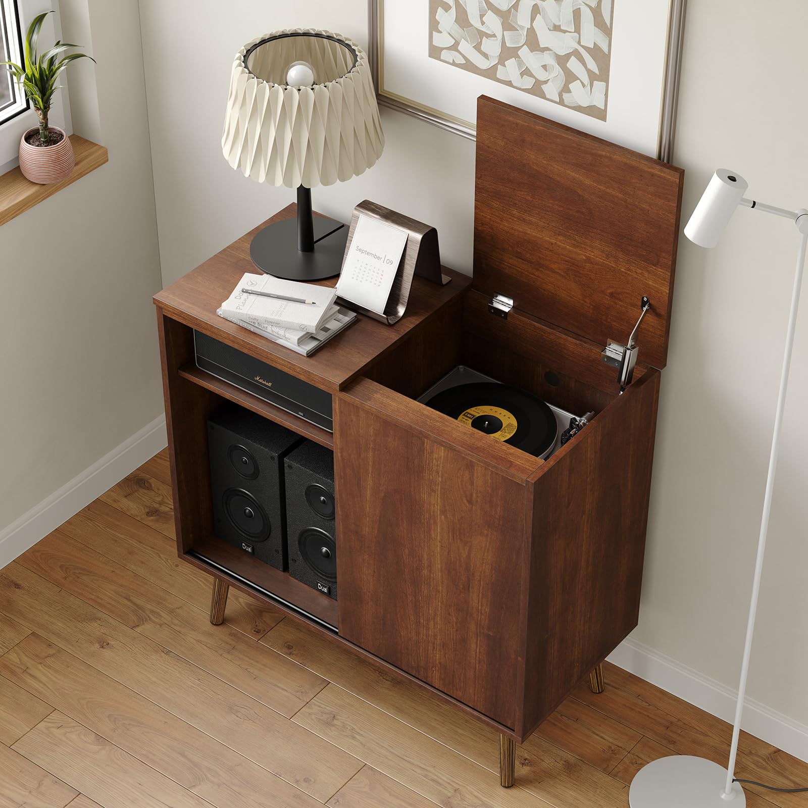 furomate Record Player Stand with Storage, 2 Tier Vinyl Record Storage Cabinet, Mid-Century Record Player Table with Power Outlets & LED Lights, Turntable Stand for Living Room, Mahogany