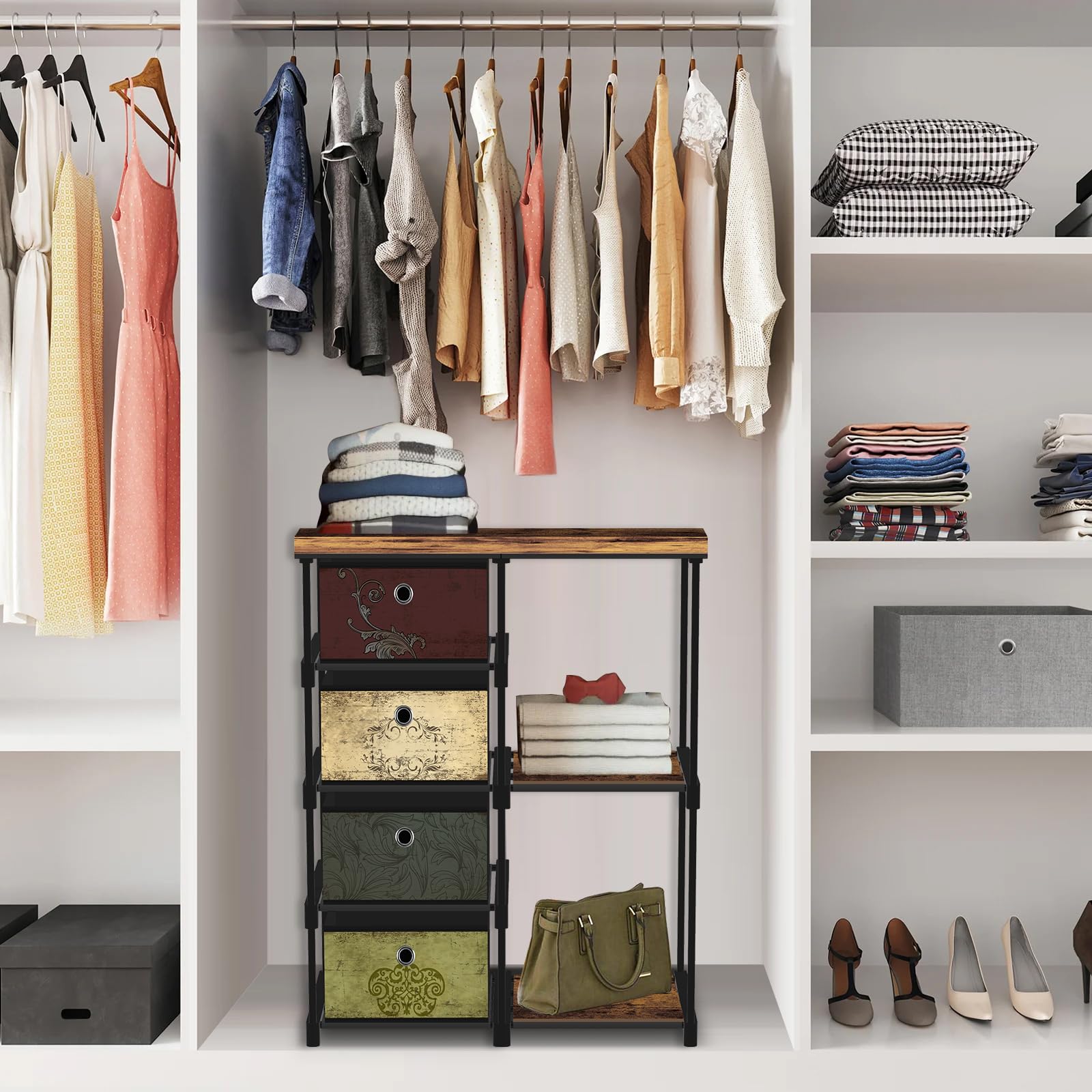 VASICAR Small Fabric Dresser with 2-Tier Side Shelf, 4 Drawers Storage Drawer Units for Bedroom, Storage Cabinet, Beside Sofa Table for Hallway Entryway