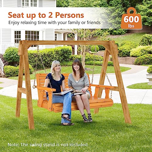 Tangkula 2 Person Hanging Porch Swing, Outdoor Bench Swing with Adjustable Chains, High Back, Cozy Armrests, Wooden Tree Swing Chair for Patio Backyard Deck Garden (Natural)