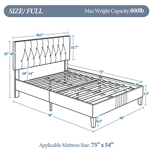 Yaheetech Full Bed Frame Faux Leather Upholstered Platform Bed with Height-Adjustable Headboard, Button Tufting & Nailhead Trim/Noise-Free/Wood Slats Support/No Box Spring Needed, Black Full Bed