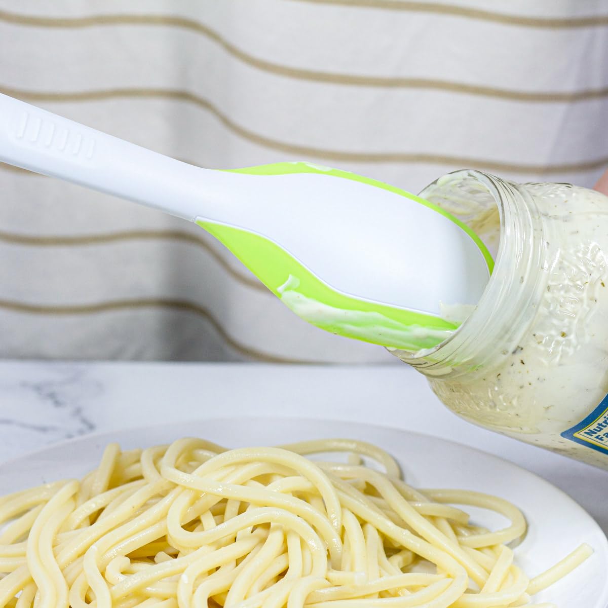 Grand Fusion 5 in 1 Tongs. Serving Set for Pasta or Salad, Herb Stripper, Sauce Spoon, Spatula - Scrapper,Fork and Spoon Spatula Grips. Heat Resistant, Non-Stick, and BPA Free