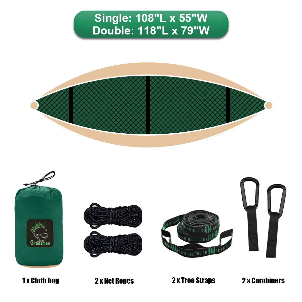 Grassman Camping Hammock Mosquito Net, Portable Hammock with Net Single, Hammock Tent for Travel Camping, Camping Accessories for Indoor, Outdoor, Hiking, Backpacking, Backyard, Beach Green
