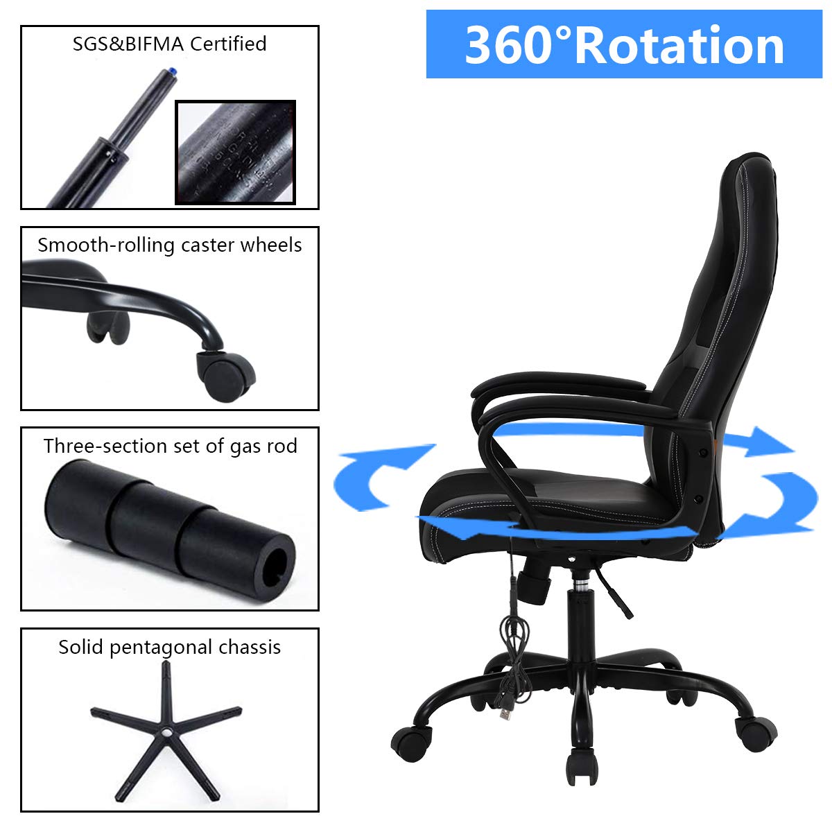 Gaming Chair Desk Chairs Ergonomic Office Chair Comfortable Massage Computer Desk Chair with Adjustable Backrest and Height, PU Leather Executive PC Swivel Chair Chair with Lumbar Support (Black)