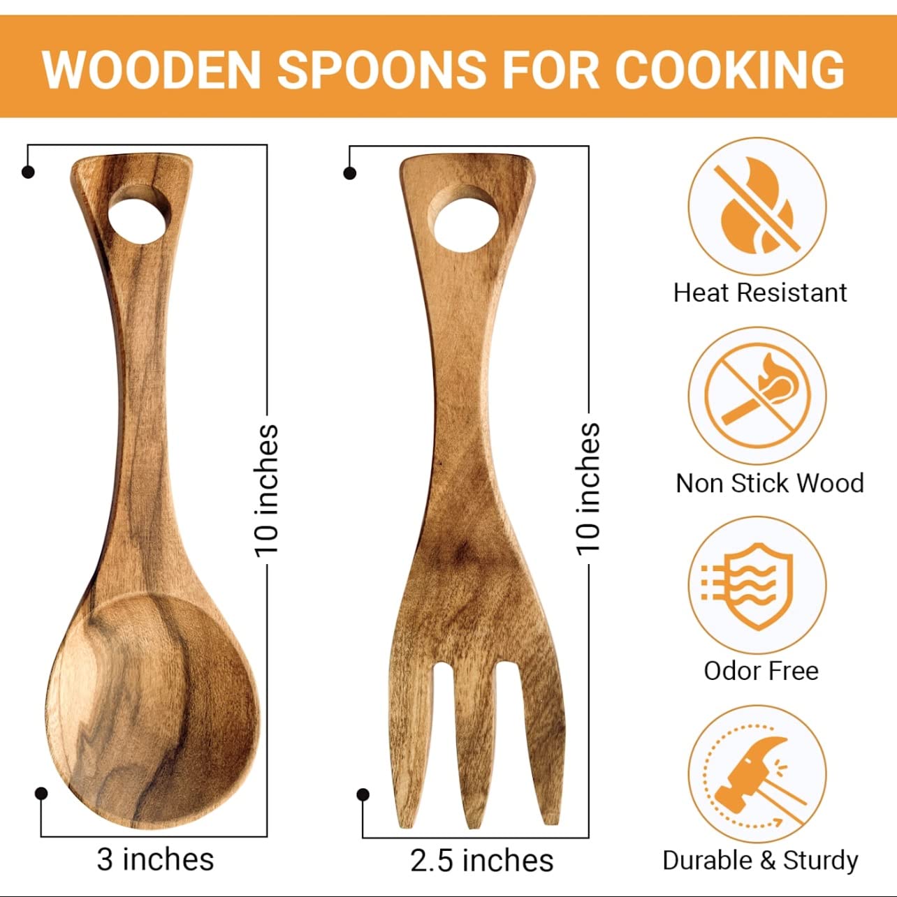 Handmade Walnut Wood Fork and Spoon Set for Kitchen - Attractive, Eco-Friendly Cooking Utensils, Salad Servers 10'' Long. Durable, Food Safe with Hanging Hole. Eco-friendly Crafted in Colombia