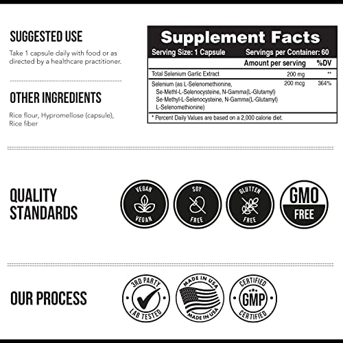 Total Selenium - 200 mcg, Plant-Based Selenium - Full Spectrum, Contains 4 Essential Organic Forms of Selenium Including Selenomethionine - Derived from Garlic - 60 Capsules