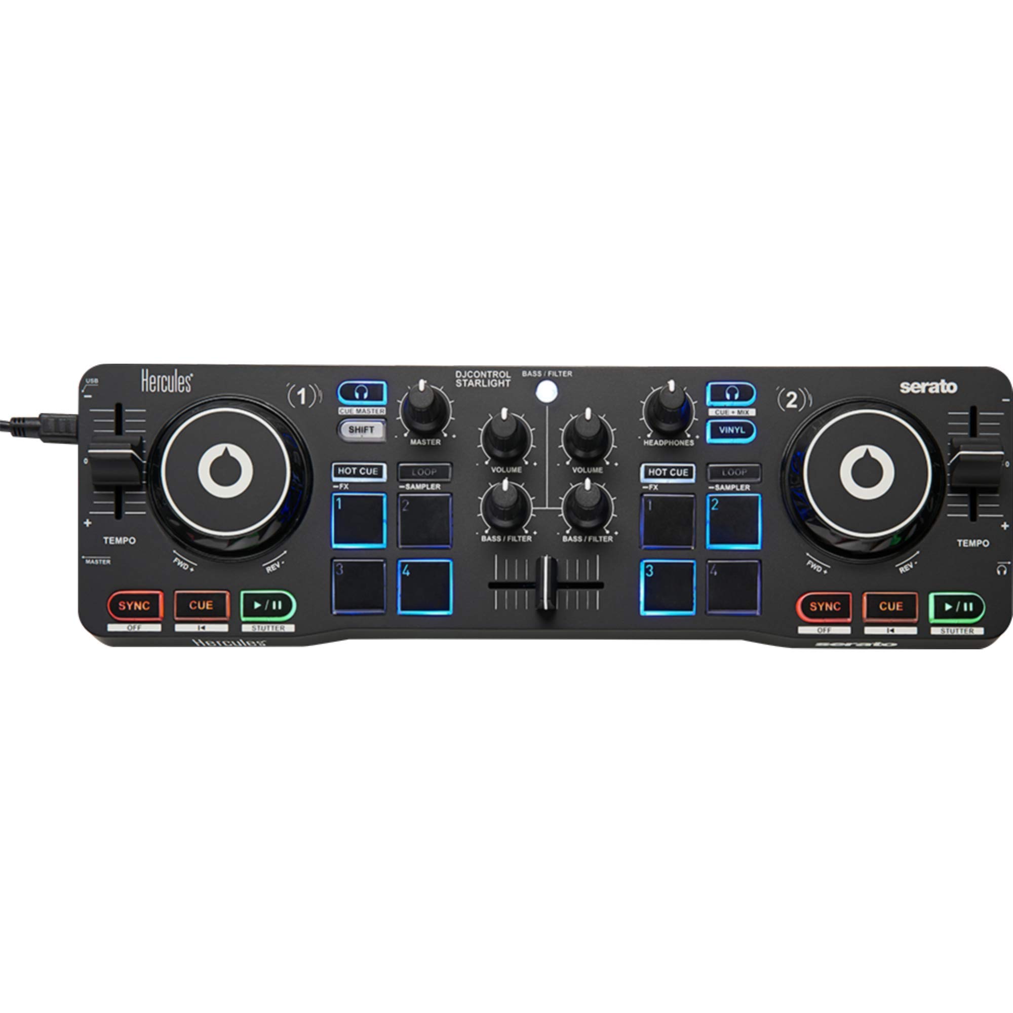 Hercules DJ Party Set: Ultra-compact, 2-deck DJControl Starlight USB DJ controller for Serato DJ Lite, HDP DJ45 headphones, 5 beat-detecting LED wristbands.
