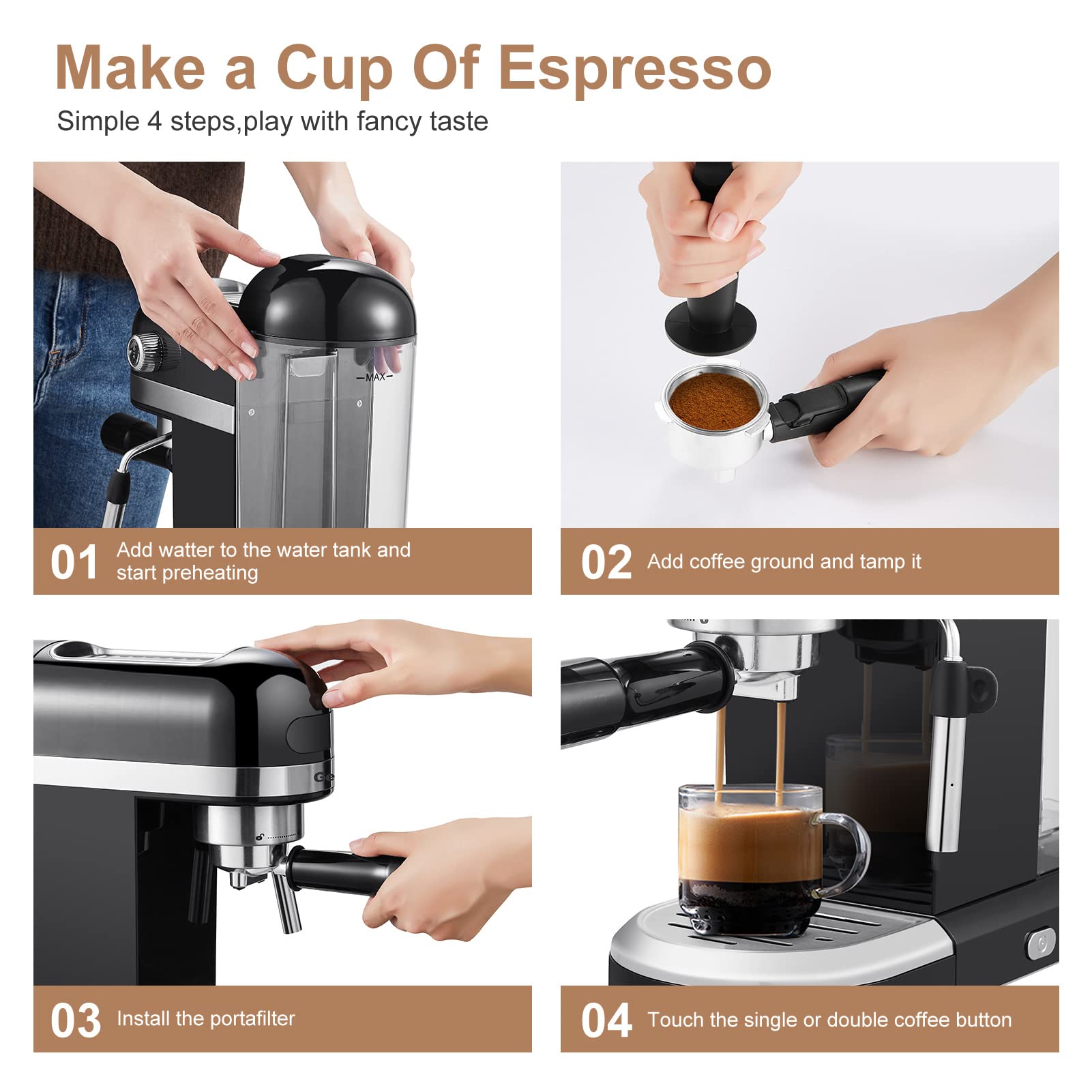 Geek Chef Espresso Machine, High Performance For Espresso, Cappuccino, Latte, Machiato, Semi-Automatic Coffee Maker