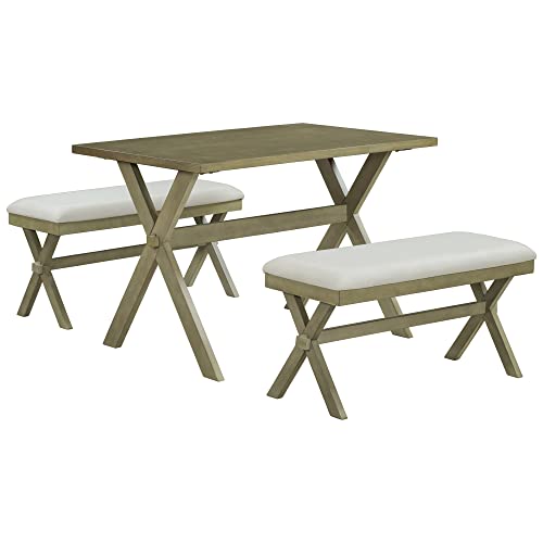 UBGO Chair for 4, 3 Piece Modern Leisure Set with 2 Upholstered Bench Rectangular Table for Kitchen, Dining Room, Restaurant, Apartment Small Space Furniture, Gray Green