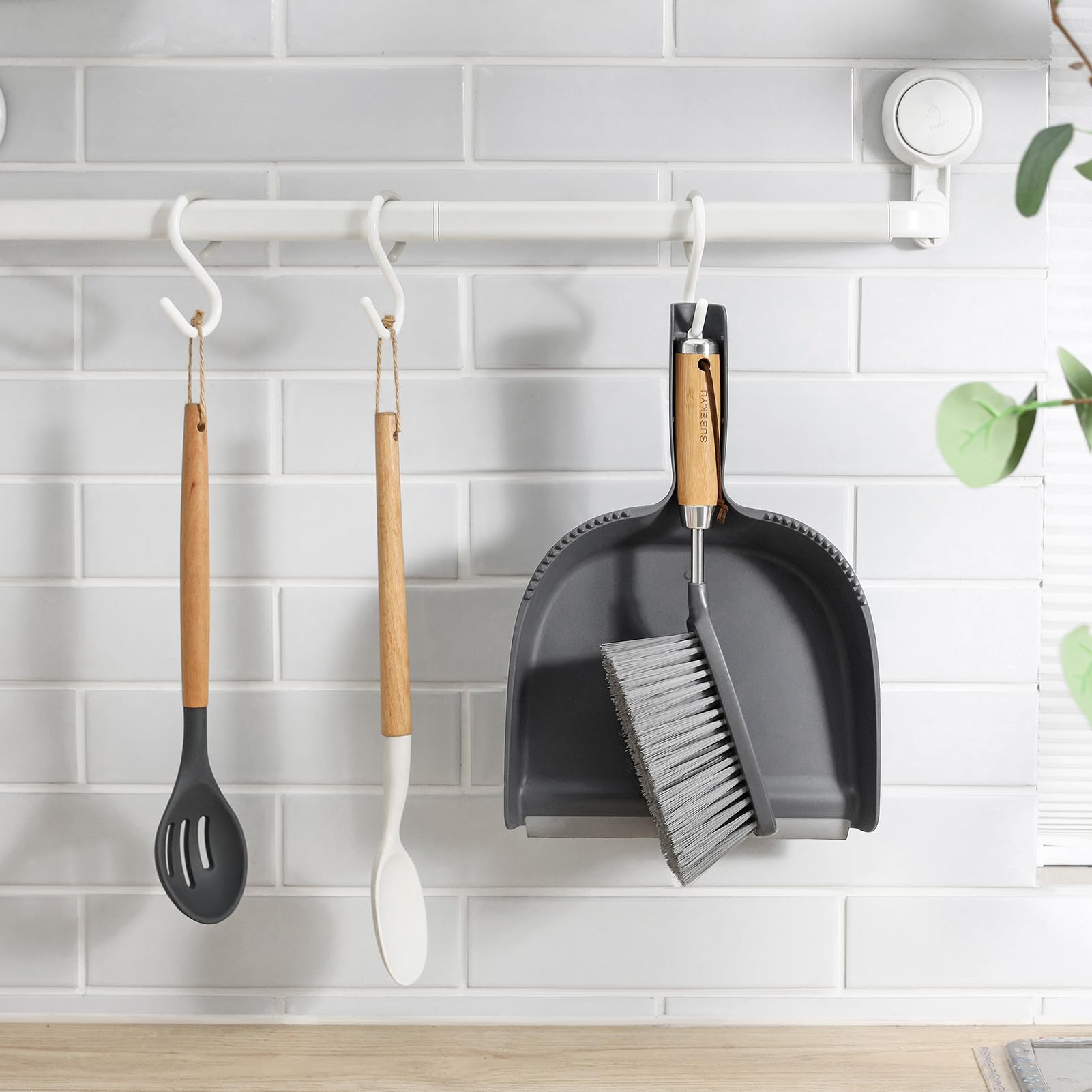 SUBEKYU Dustpan and Brush Set with Stainless Steel Handle, Hand Mini Broom and Dustpan Set, Small Broom and Dustpan Set for Kitchen/Desktops/Bedroom, Dark Gray, 1 Set