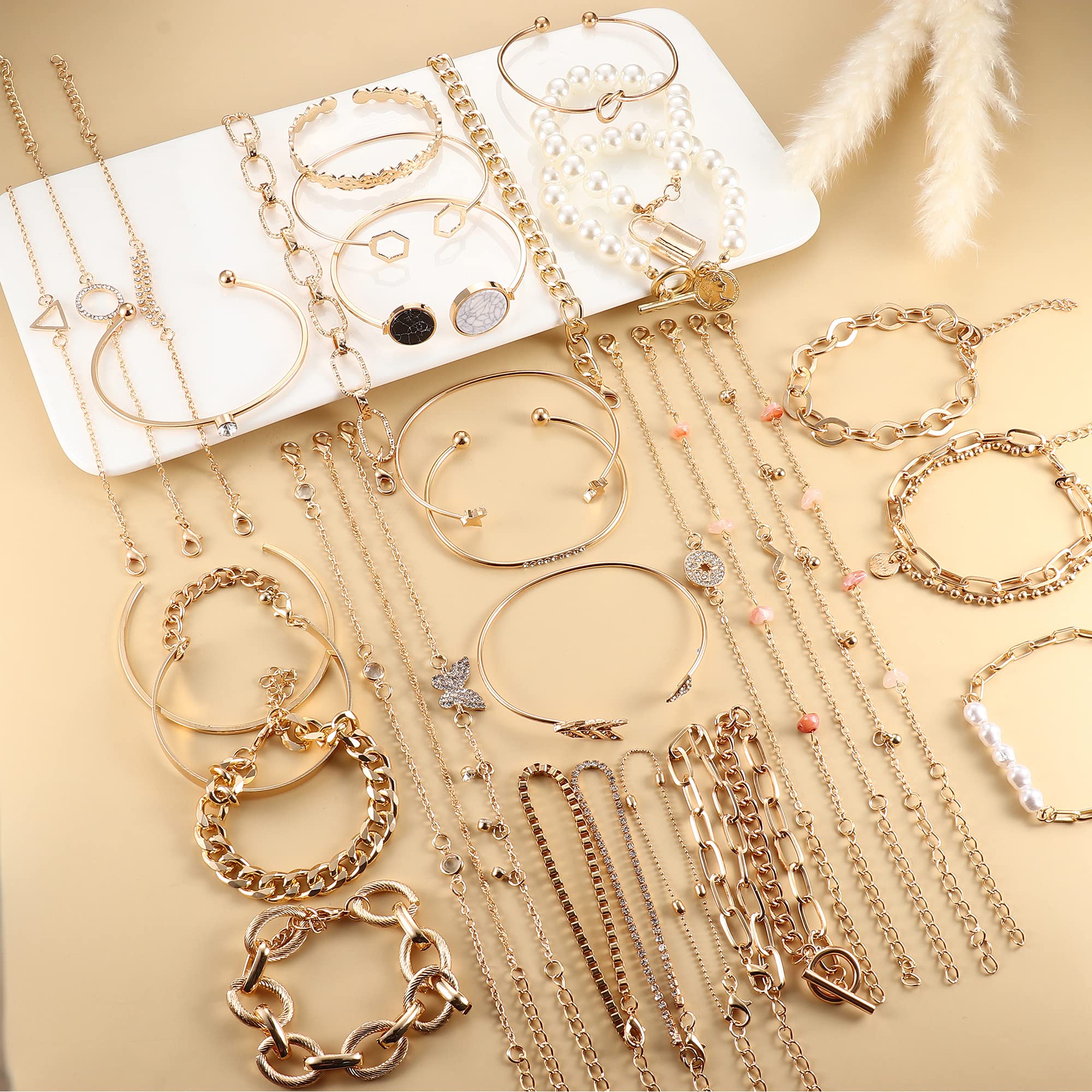 IRONBOX 35 Pcs(8 PACK) Boho Gold Chain Bracelets Set for Women Multiple Layered Stackable Open Cuff Wrap Bangle Adjustable Fashion Paperclip Link Italian Cuban Jewelry for Women Gift