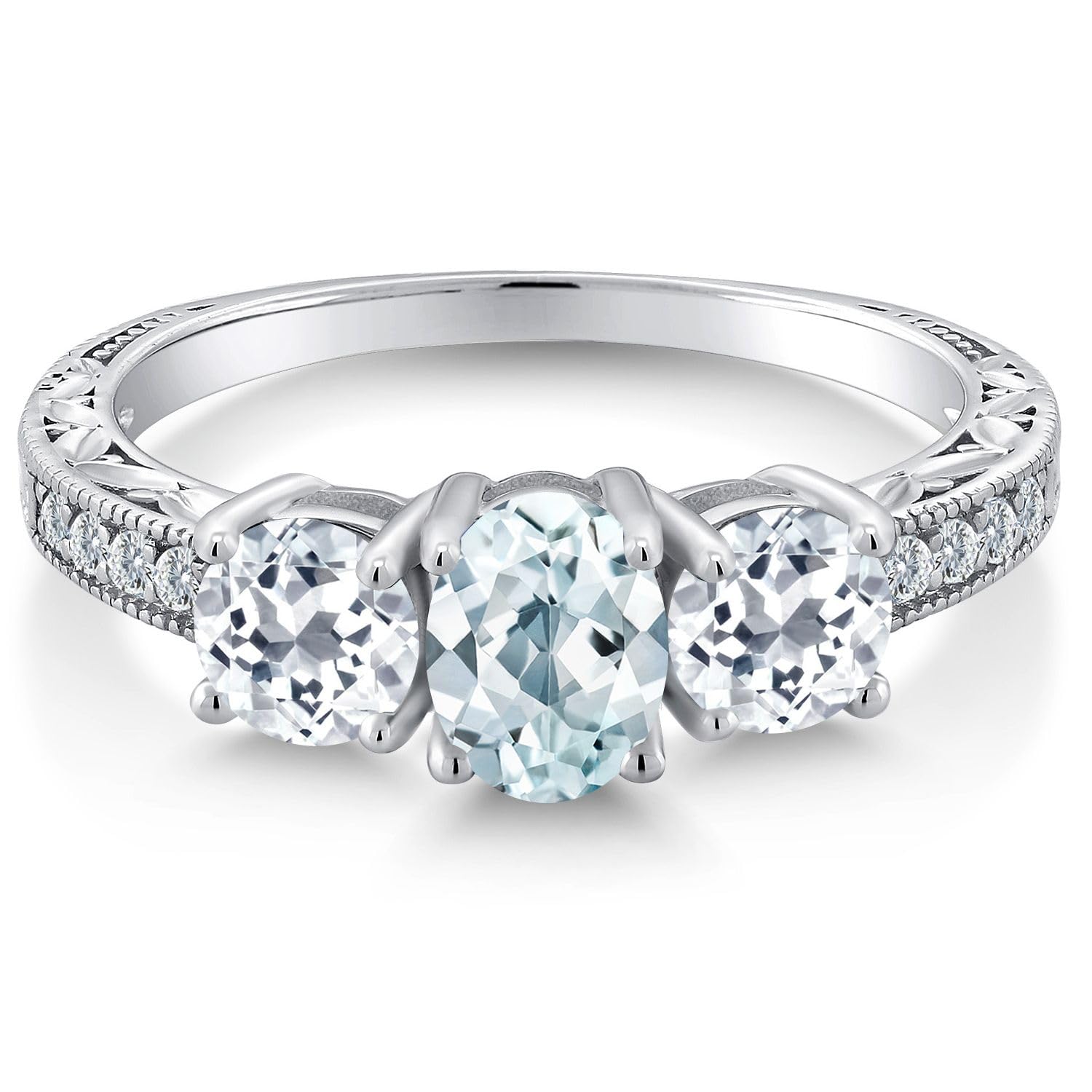 Gem Stone King 925 Sterling Silver Sky Blue Aquamarine and White Topaz 3-Stone Women Ring (2.07 Ct Oval, Available in size 5, 6, 7, 8, 9)