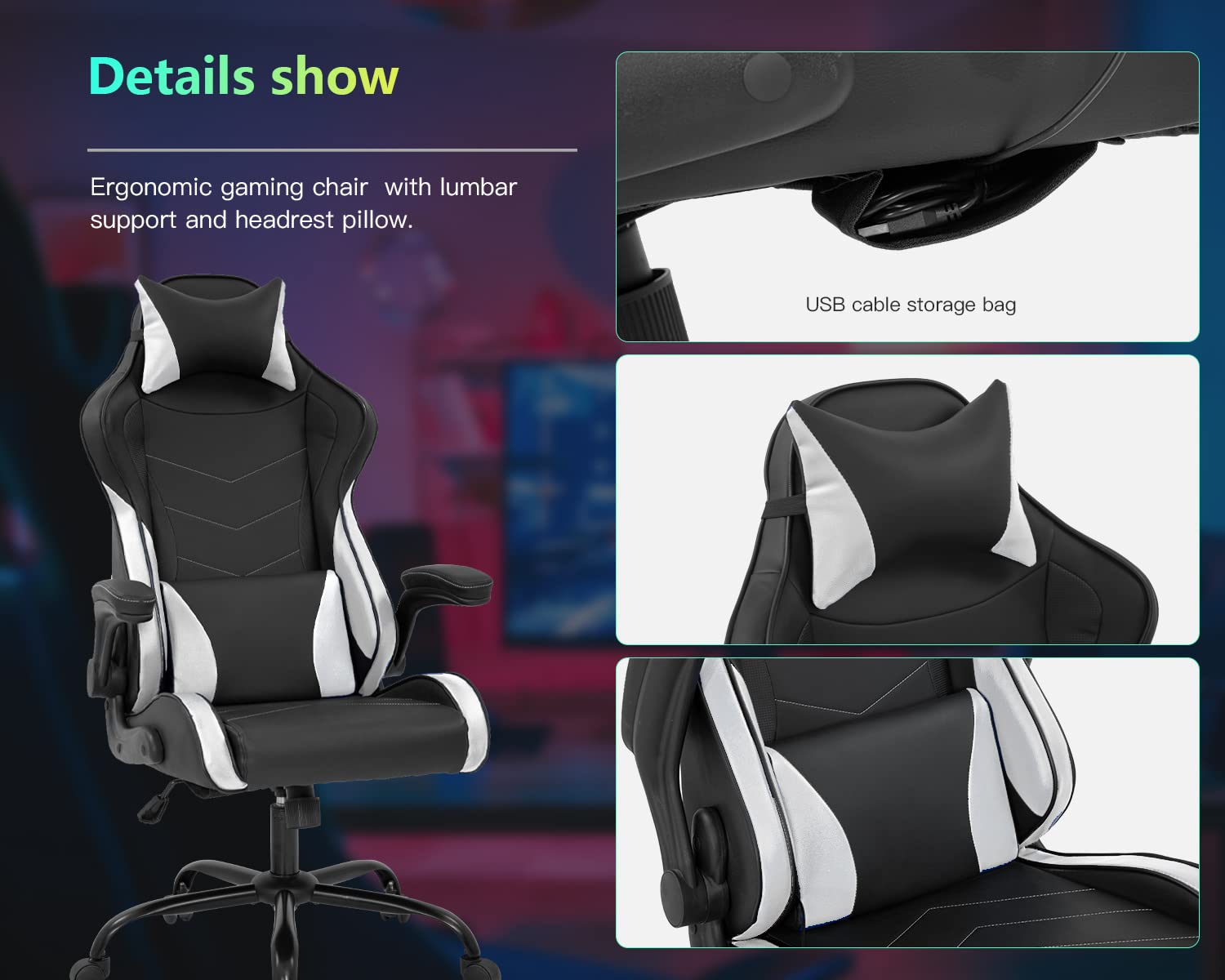 Gaming Chair Office Chair PC Computer Chair with Lumbar Support Headrest Flip up Armrest Task Rolling Swivel Ergonomic Adjustable E-Sports Desk Racing Chair(White)