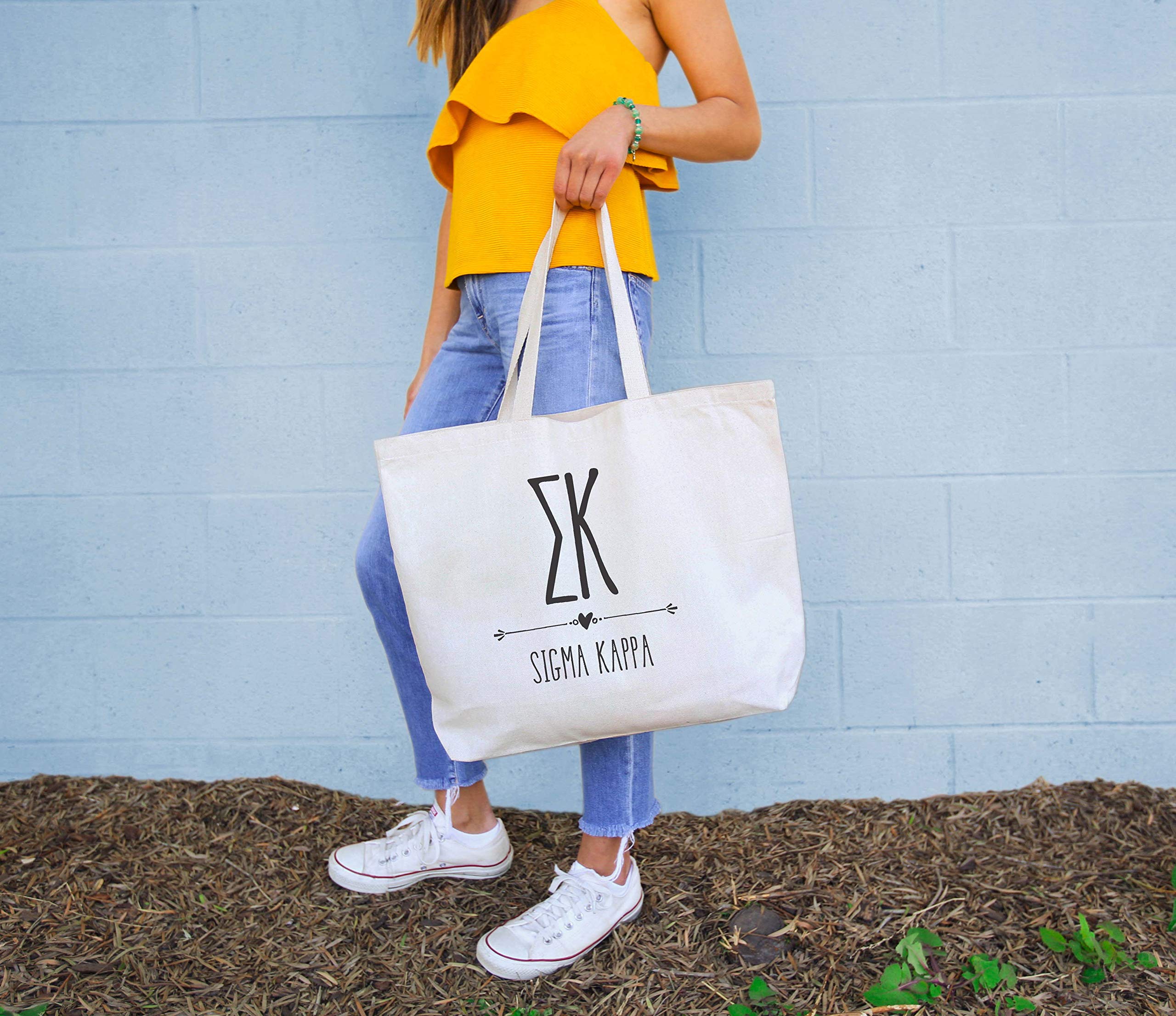 Greek Letters and Stylized Sigma Kappa Printed with Heart Design - Large Canvas Tote Bag for Women - Tote Bags for Sorority