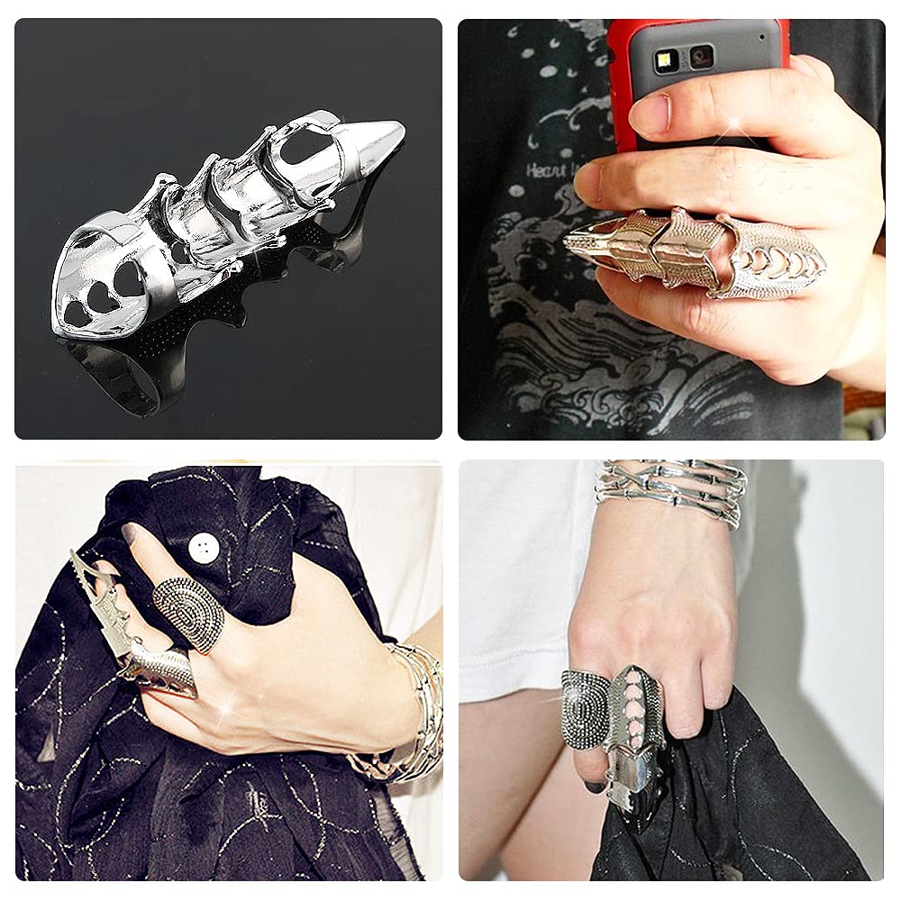 HSQYJ Retro Finger Armor Knuckle Rings Adjustable Punk Rock Full Finger Double Loop Long Ring Halloween Cosplay Costume Accessories for Women (Silver)