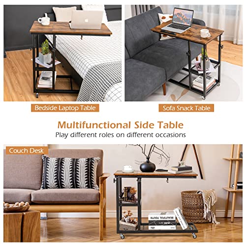Tangkula Height Adjustable C Shaped End Table with Lockable Wheels, Mobile Couch Desk Table with Tiltable Table Top, Sofa Bedside Laptop Stand TV Tray with Storage Shelves, Snack Side Table