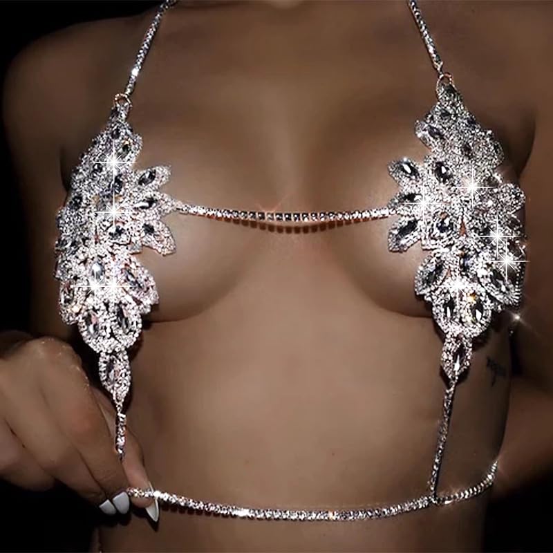 Graeen Crystal Bra Chains Rhinestone Bra Top Flower Chest Chain Silver Body Chain Nightclub Body Jewelry for Women (A)