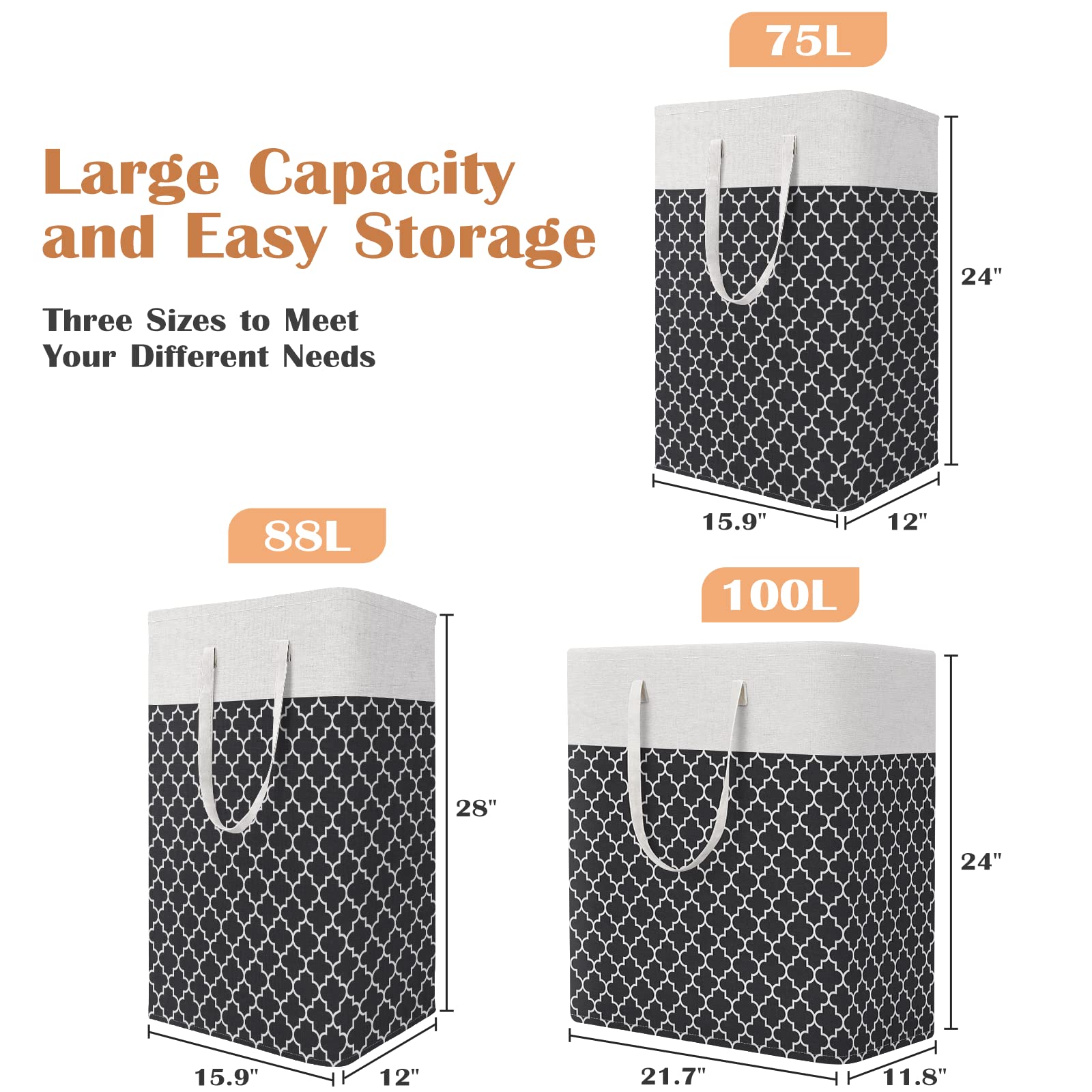 ToteTastic 3-Pack Laundry Basket, Freestanding&Waterproof Laundry Hamper, Collapsible Tall Clothes Hamper with Easy Carry Handles for Clothes, Towels&Toys in the Family and Dorm,Clover Black,100L