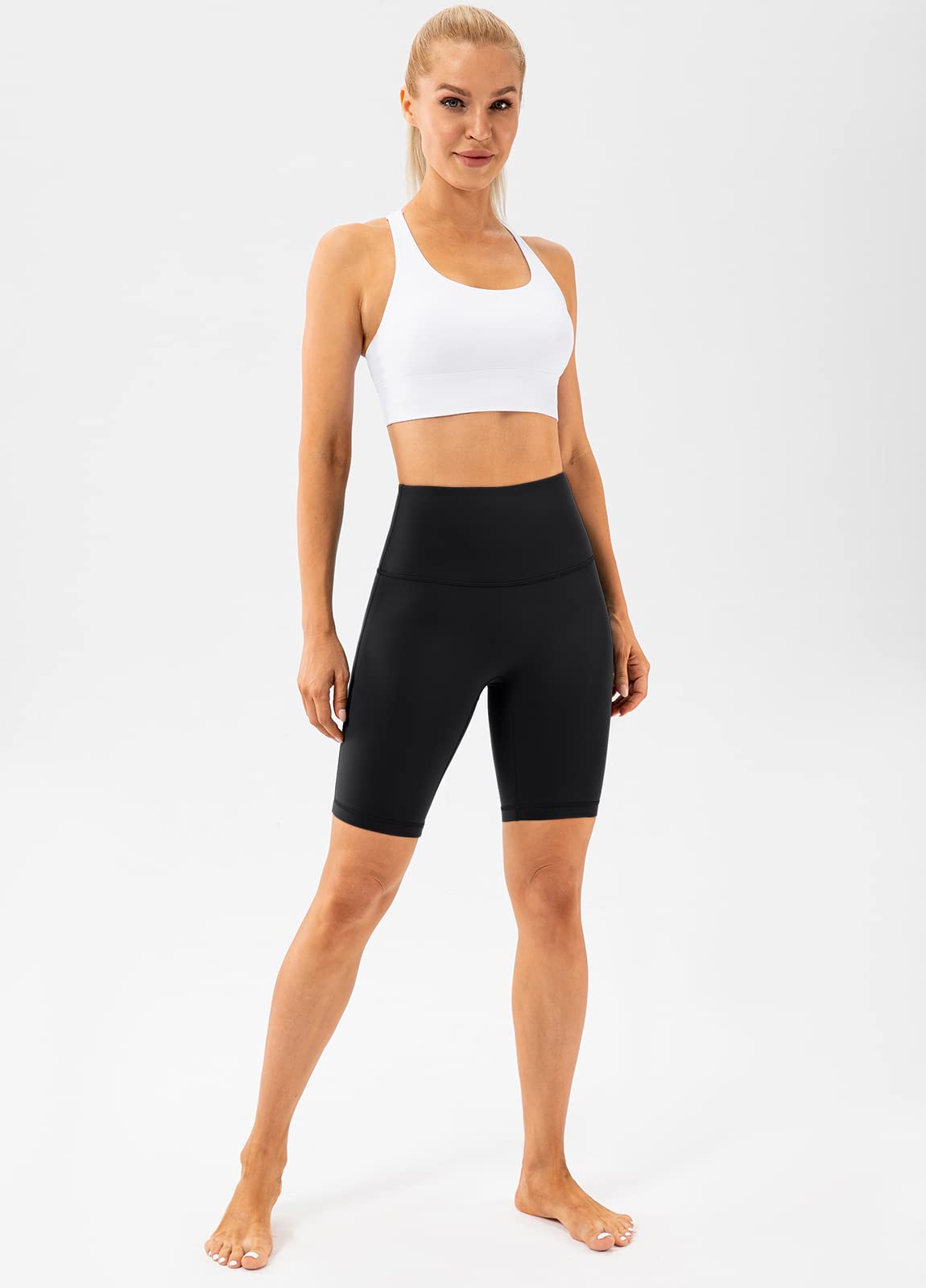 Lavento Women's High Waisted Biker Shorts 8" - No Front Seam Workout Yoga Gym Shorts (Black, 6)