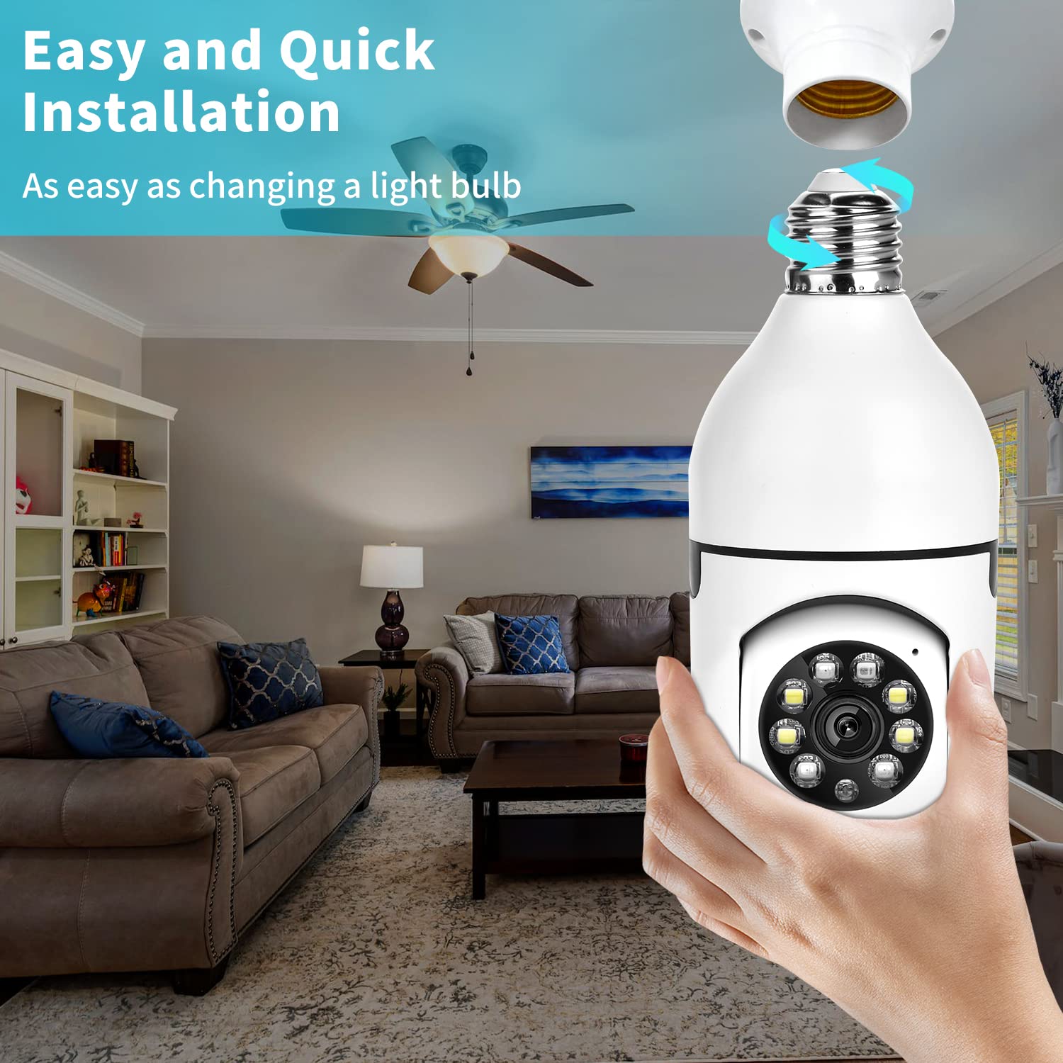 HnKeyjx 1080P HD Light Bulb Security Camera, Light Bulb Cameras Wireless Indoor, 2-Ways Audio, Color Night Vision, PTZ to Provide You with a Wider View,Mobile app Lication Compatible with Alexa.