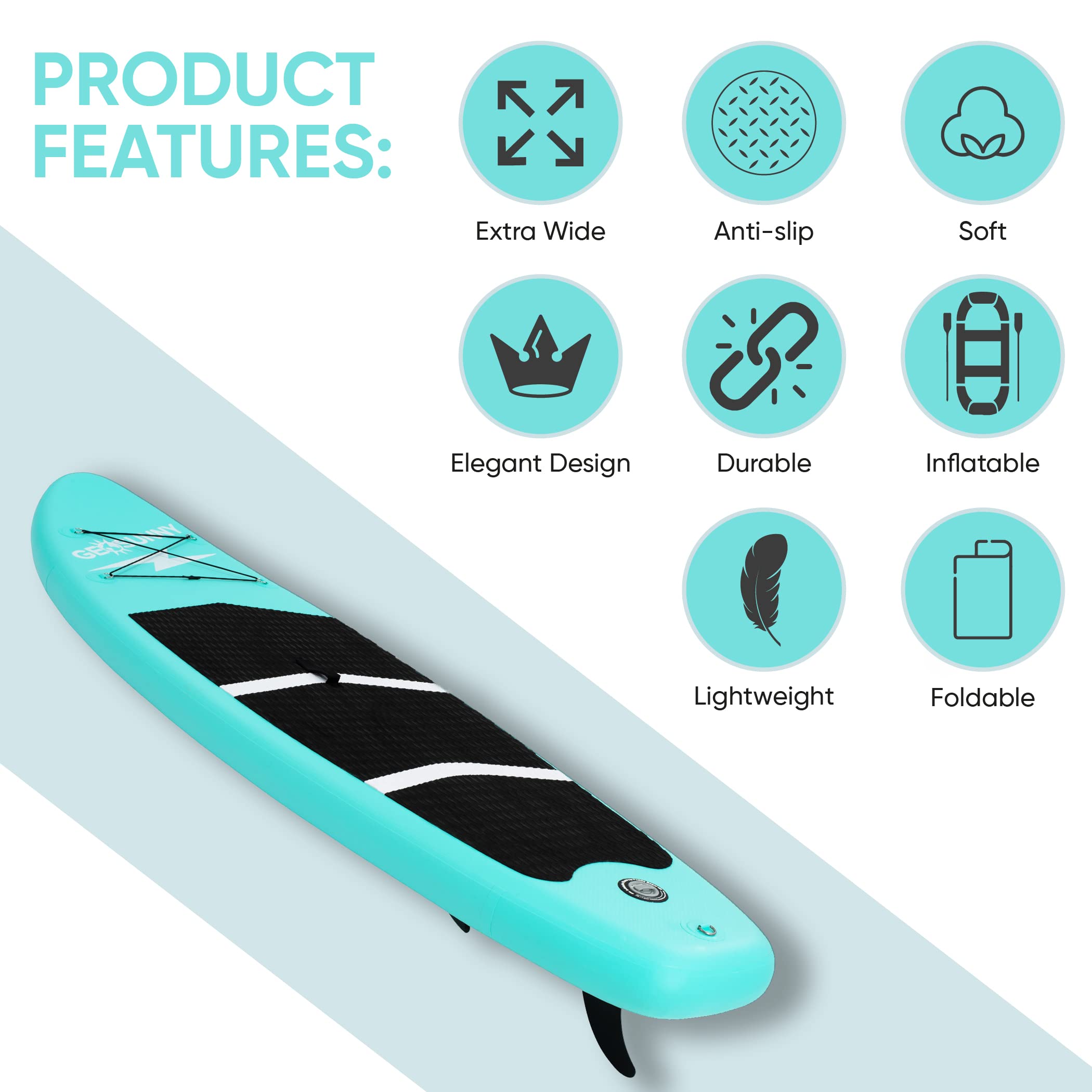 GEOSUNNY Inflatable Paddle Board-10ft. 32"x6" for Kayak, Surfing, Paddleboarding- Non-Slip Deck, 3 Fins -with Hand Pump, Paddle, Backpack, Repair Kit, Leash, Removable Fin, Accessories, Blue & Black