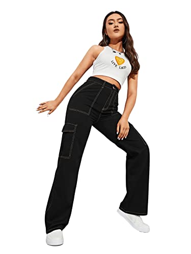 SweatyRocks Women's High Waist Cargo Jeans Flap Pocket Wide Leg Denim Pants Solid Black XXS
