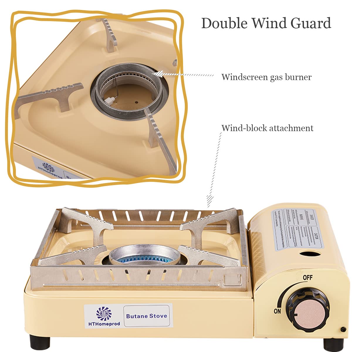 HTHomeprod Portable Butane Stove Gas Fuel Windproof Single Camping Burner Outdoor Cooker Stoves Carry Case Wind Guard