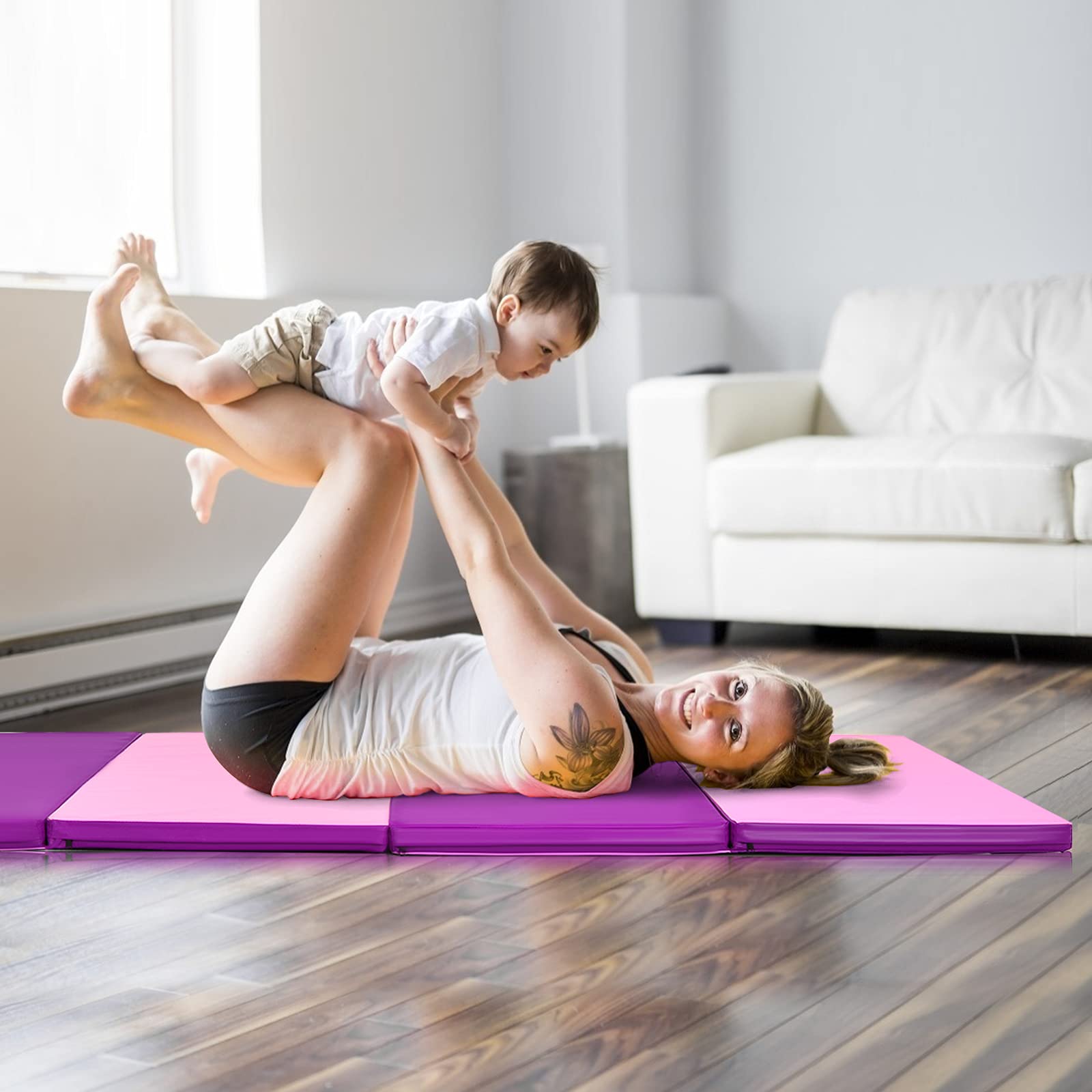 Giantex 4' x 8' x 2" Folding Gymnastics Mat, Gym Exercise Pad with Carrying Handles, Hook and Loop Fastener, 4 Panel Tumbling Mat for Yoga, Stretching, Workouts (Pink/Purple)