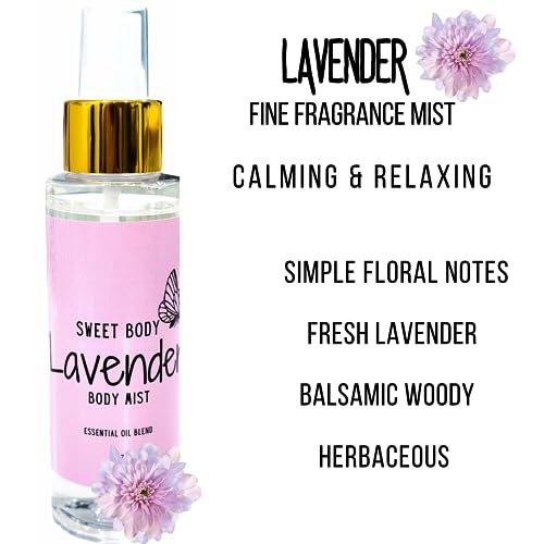 Sweet Body LAVENDER Soft & Fresh Women’s Body Mist, Fine Fragranced Body Perfume Misting Spray, Sensual light scent Fragrance, Hair & Body Spritz Essential Oils 4oz. (Lavender) Pack of 1