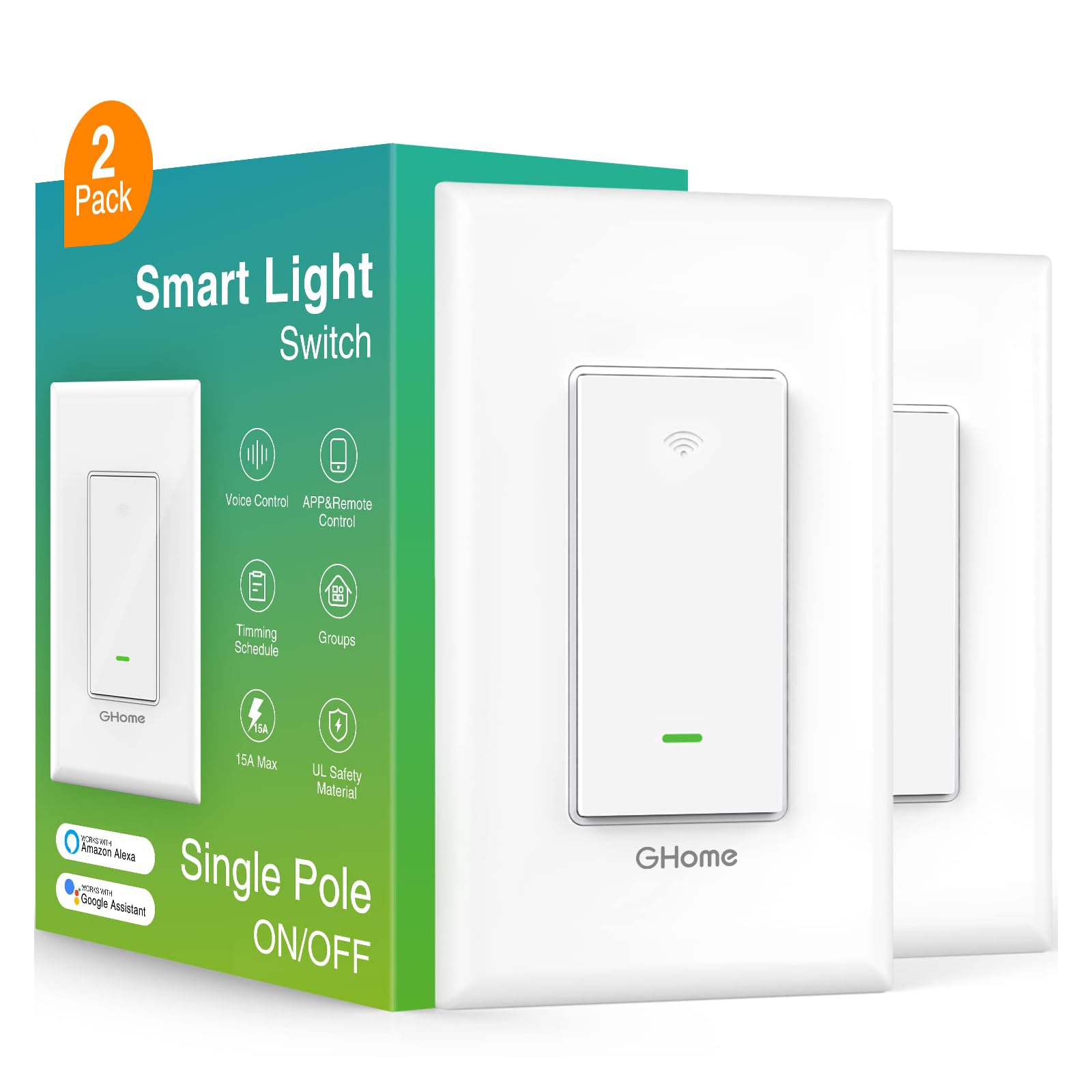 GHome Smart Switch,Smart Wi-Fi Light Switch for Lights Works with Alexa and Google Home 2.4Ghz, Single-Pole(Not 3-Way),Neutral Wire Required,UL Certified,Voice Control (2 Pack)