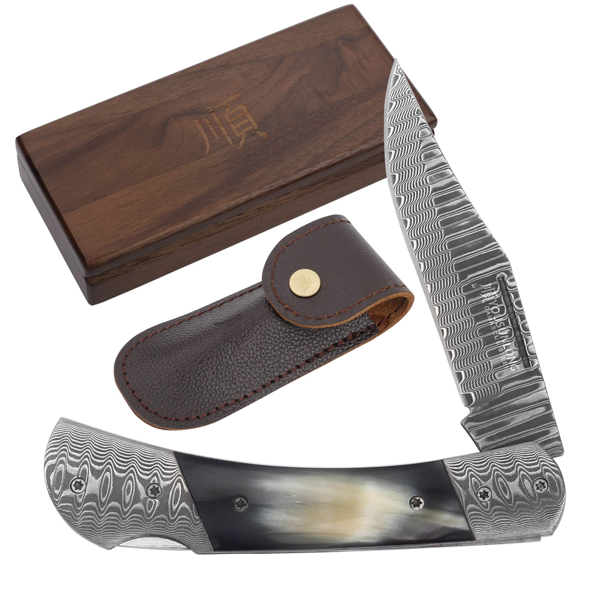 YOUSUNLONG Pocket Folding Knife Overall 195mm - Damascus Steel Blade - Bull Horn Handle