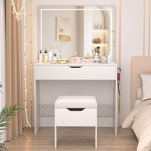 VECELO Vanity Desk Set with LED Lighted Mirror & Power Outlet, Makeup Table with Large Drawer, Storage Stool and Hair Dryer Stand, for Bedroom, White