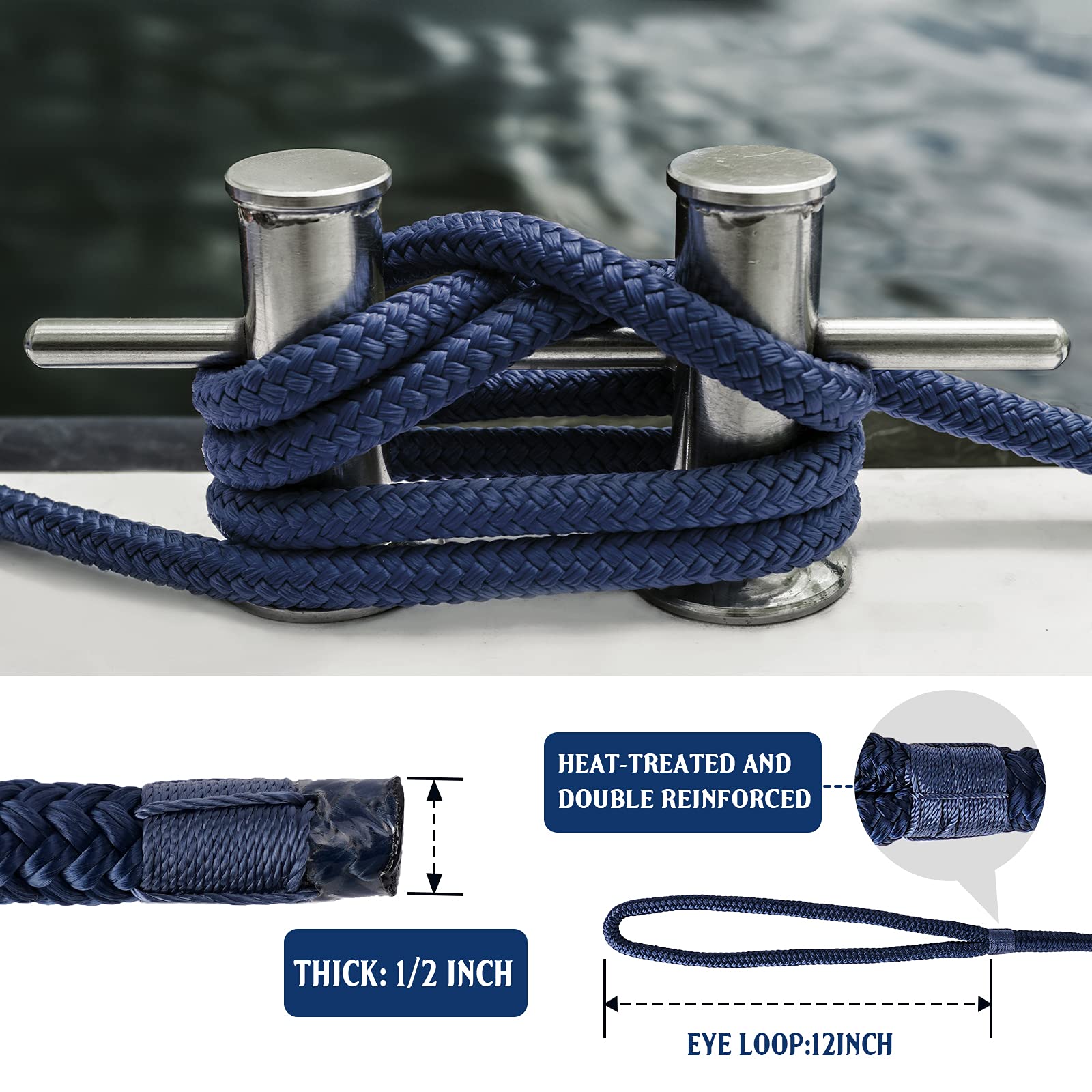 GREENEVER Dock Lines&Ropes Boat Accessories-3PC 1/2inX15 Ropes for Boats Double-Braided Mooring Marine Ropes with 12in Eye Loop for Docking,6500 lbs Breaking Strength Boating Gifts for Men(Navy Blue)