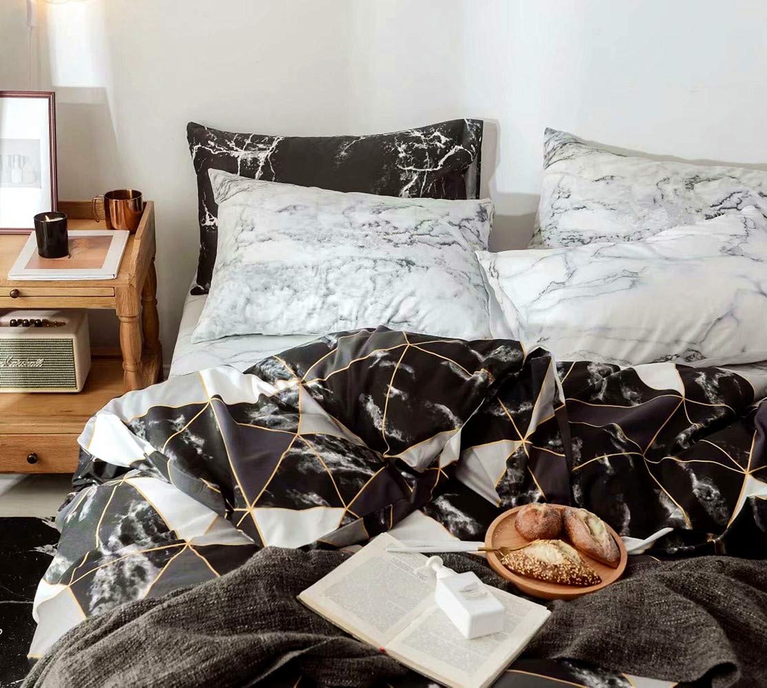 Houseri Queen Comforter Set Black White Grey Geometric Marble Plaid, 3 Pieces All Season Modern Chic Black Gold Line Bedding Sets Queen Size Soft Comfy Women Men Boys Aesthetic Diamond Grid Bed Quilt