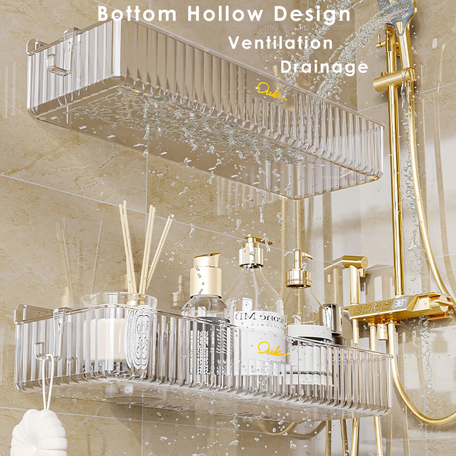 Veefos 2 Pack Hanging Shower Caddy Wall Mounted, Clear Storage Bathroom Shelf Shower Organizer, Self-Adhesive Floating Shelves Wall Makeup Organizer Basket, No Drilling