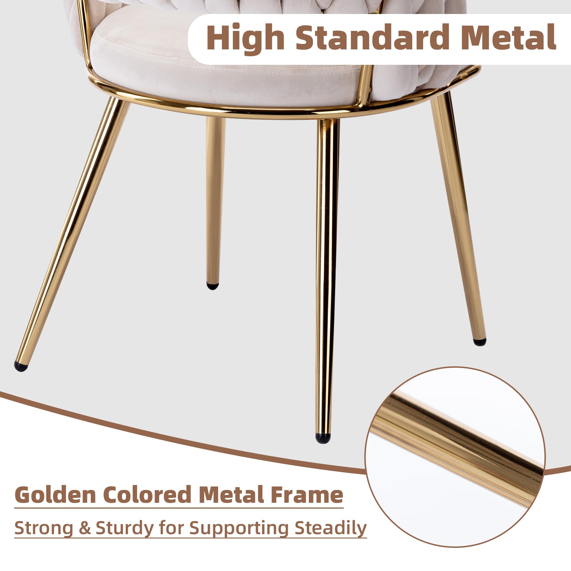 GOOLON Woven Dining Chairs Set of 2, Velvet Upholstered Dining Room Chairs, Tufted Chairs with Tall Round Comfy Backrest Comfortable Armrest Golden Sturdy Metal Legs for Kitchen Black