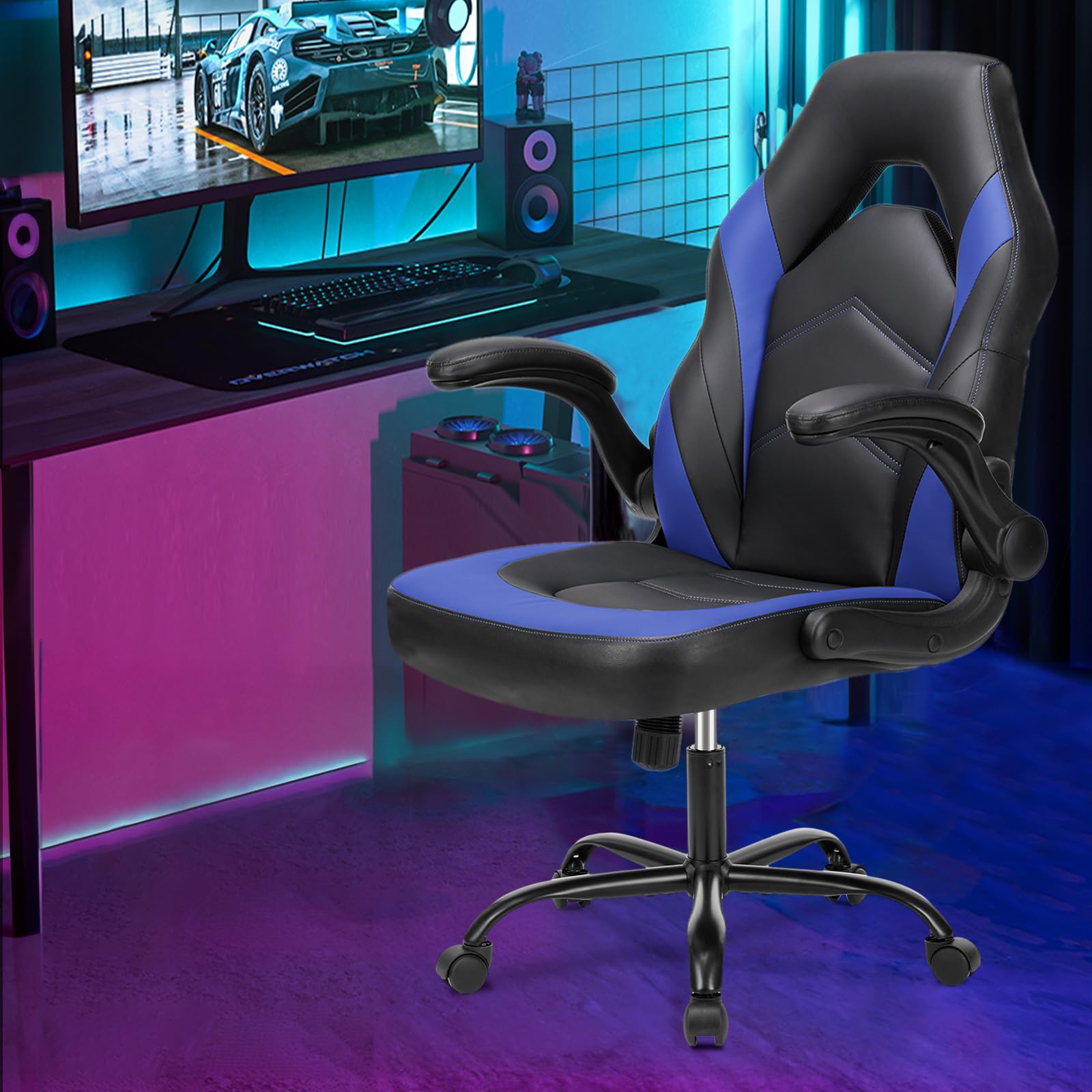 Gaming Chair, Ergonomic Office Chair High Back Computer Chair with PU Leather and Flip-up Armrest, Executive Ergonomic Adjustable Swivel Task Chair - Blue