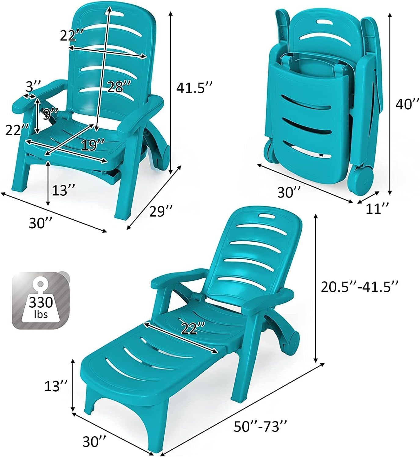 Moccha Plastic Folding Lounge Chair, 5-Position Adjustable Chaise Lounge with 2 Rolling Wheels, Armrest, Outdoor Chaise Chair for Patio, Beach, Backyard, Poolside, Home (1, Turquoise)
