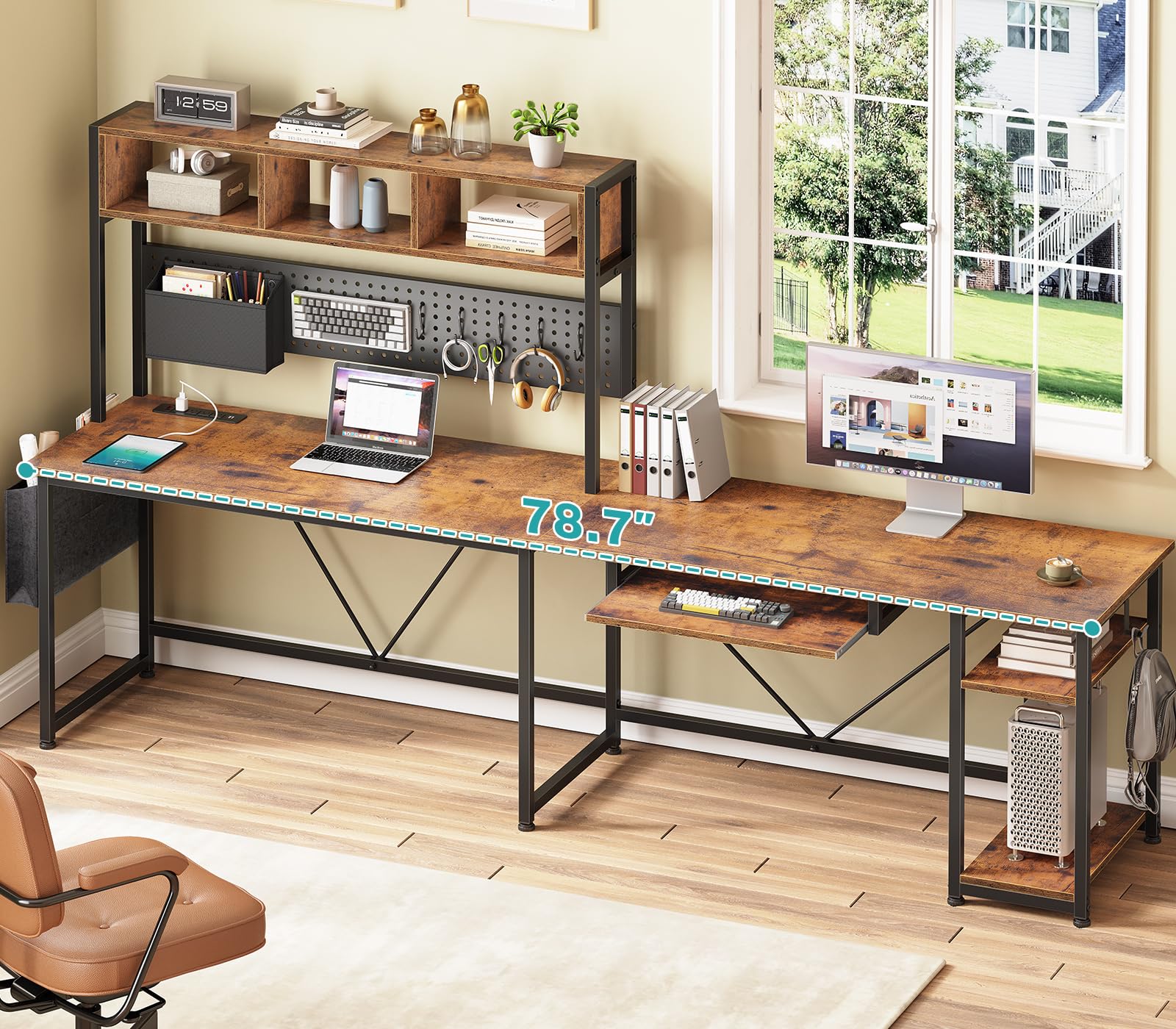 SEDETA L Shaped Gaming Desk with Hutch, 57.5β Reversible Corner Computer Desk with Storage Shelves, Gaming Desk with Pegboard, LED Lights, Power Outlet, Keyboard Tray (Rustic Brown)