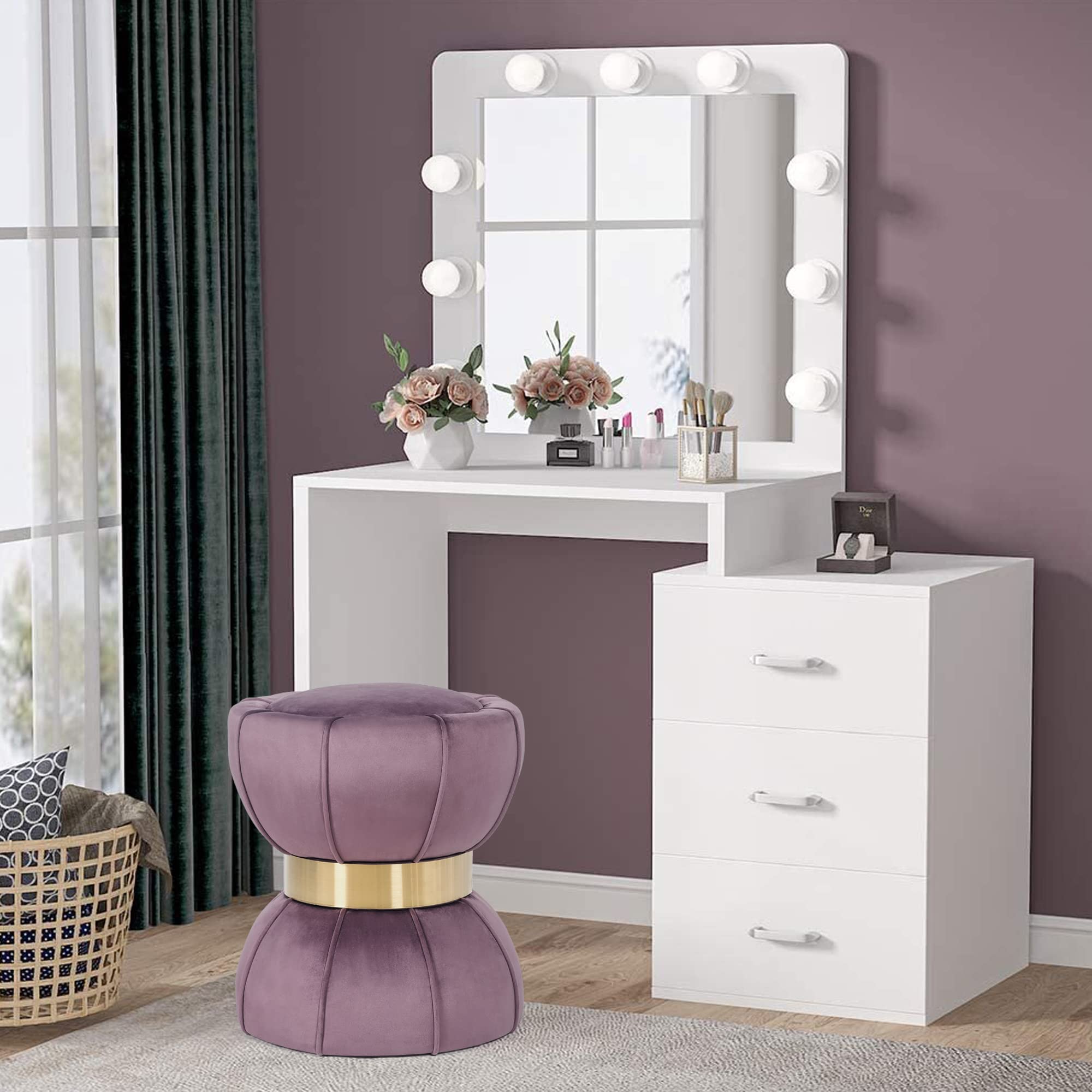 Joveco Round Velvet Ottoman, Upholstered Vanity Stool Footrest Footstool Side Table Seat with Metal Band for Makeup Room Living Room Bedroom (Purple)