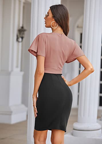 Wedding Guest Dress for Women Vintage Short Sleeve Slim Fit Belted V Neck Wrap Dresses Pink Black L